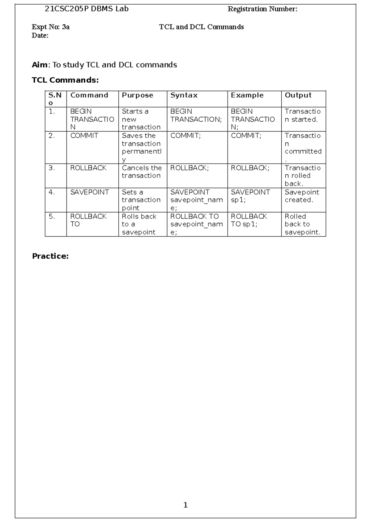 21CSC205P DBMS Lab Expt 3: TCL, DCL Commands & ER Diagram Study - Studocu