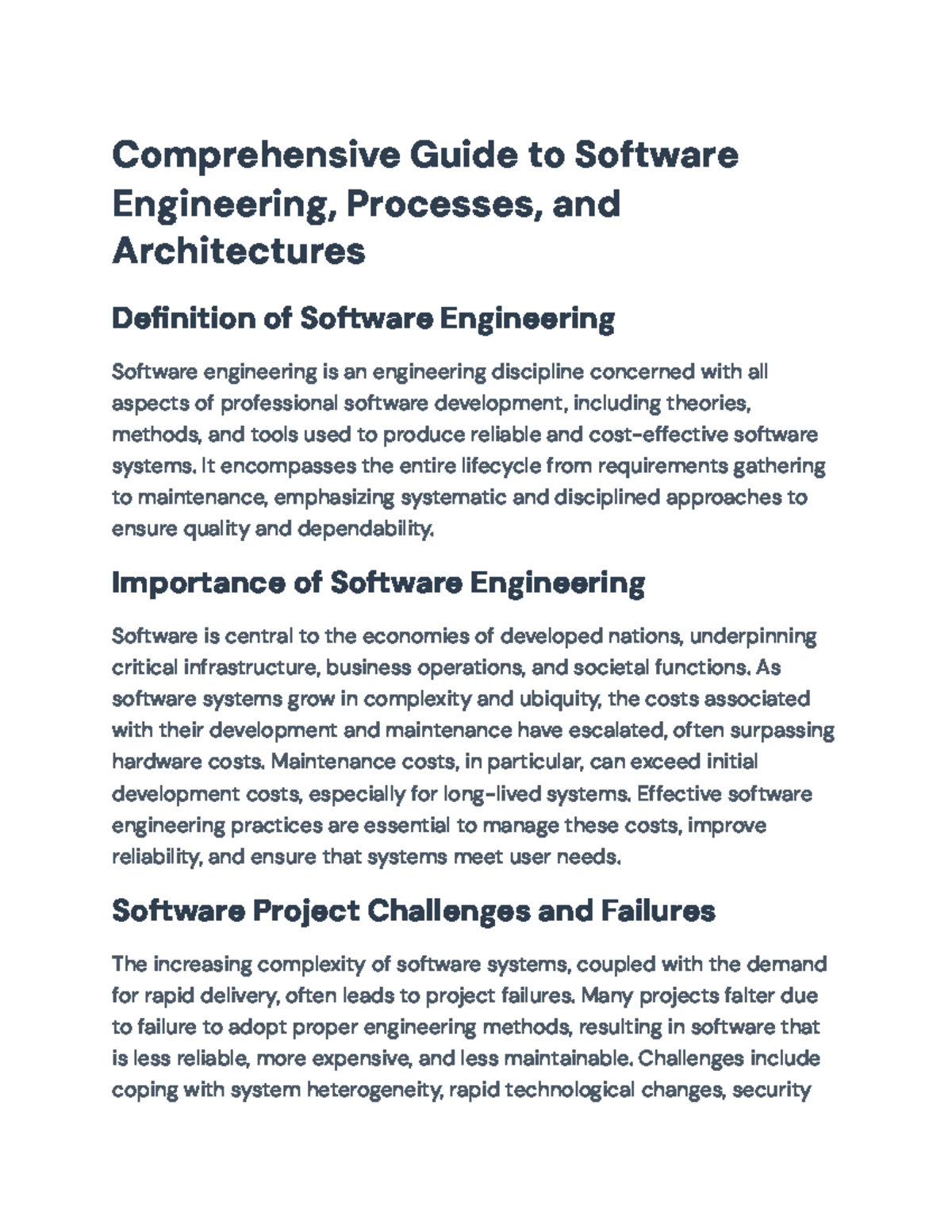 Comprehensive Guide to Software Engineering: Processes & Architectures - Studocu