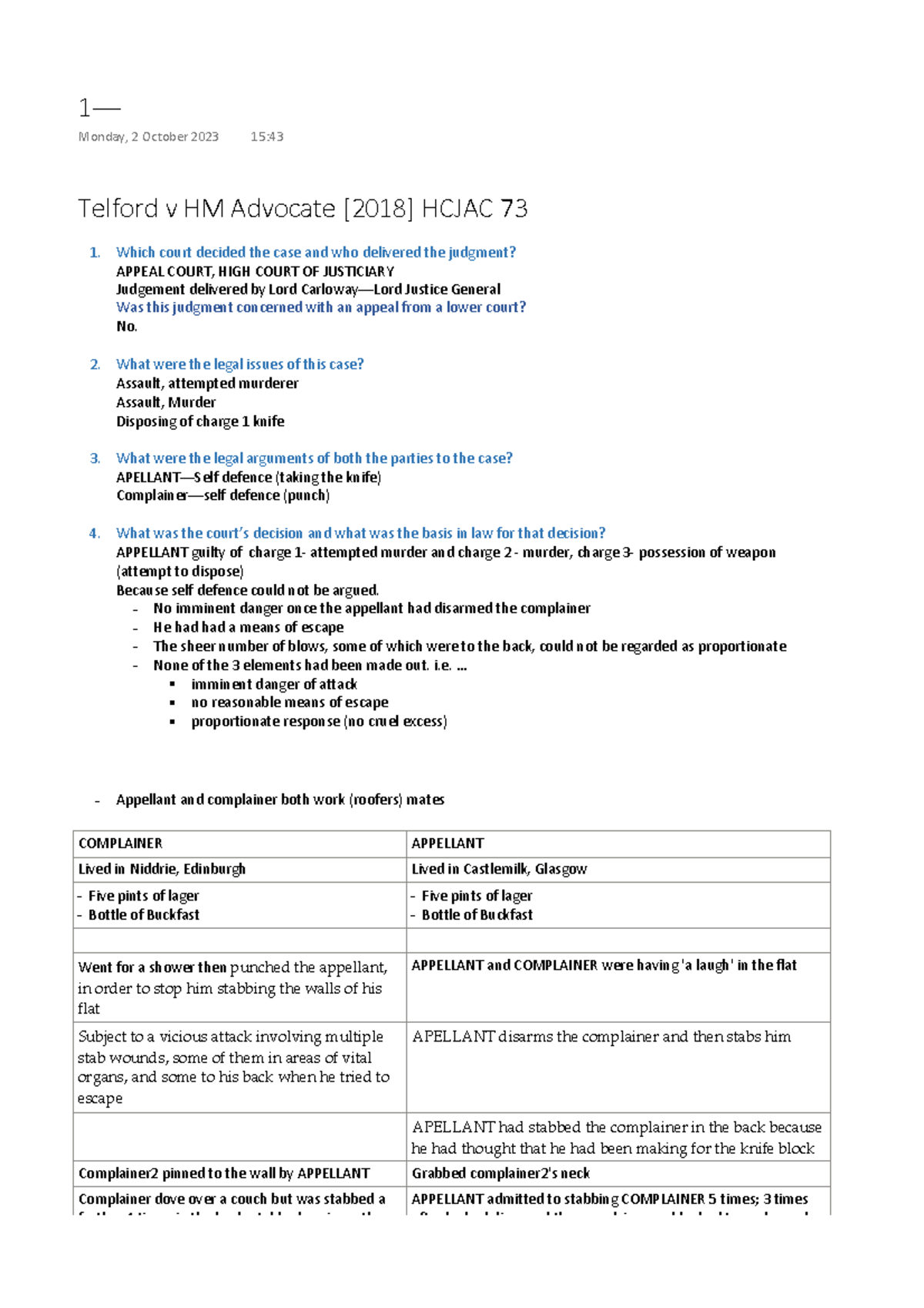 Telford v HM Advocate HCJAC 73: Legal Systems Tutorial 1 Analysis - Studocu