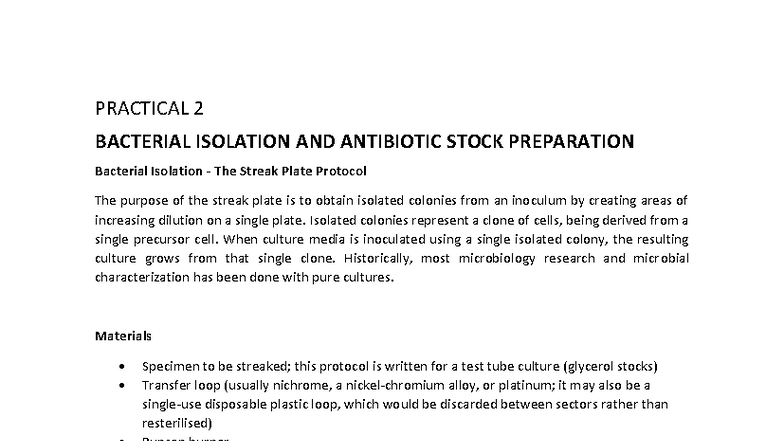 Practical 2: Bacterial Isolation & Antibiotic Stock Prep - Studocu