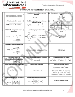 Formulario de Geometría Analítica: Distancia y Ecuaciones de Rectas - Studocu