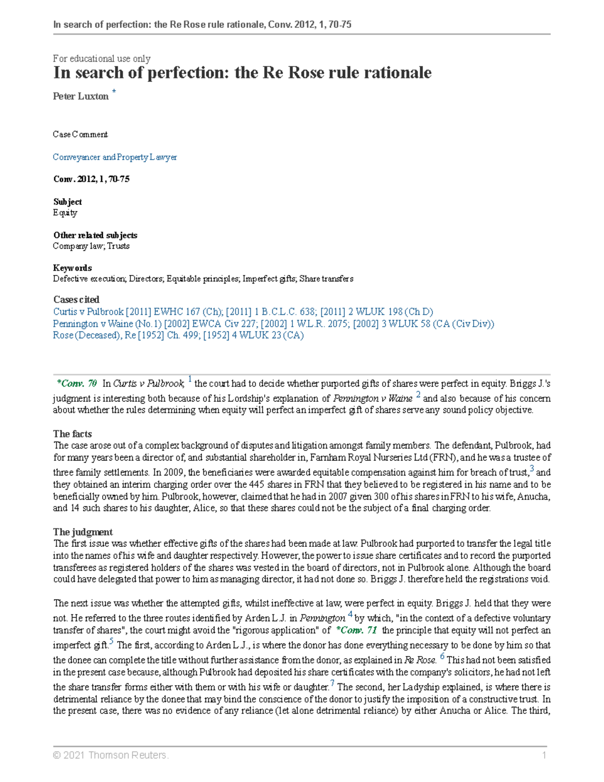 Re Rose Rule Rationale: Examining Perfection in Equity Law - Studocu