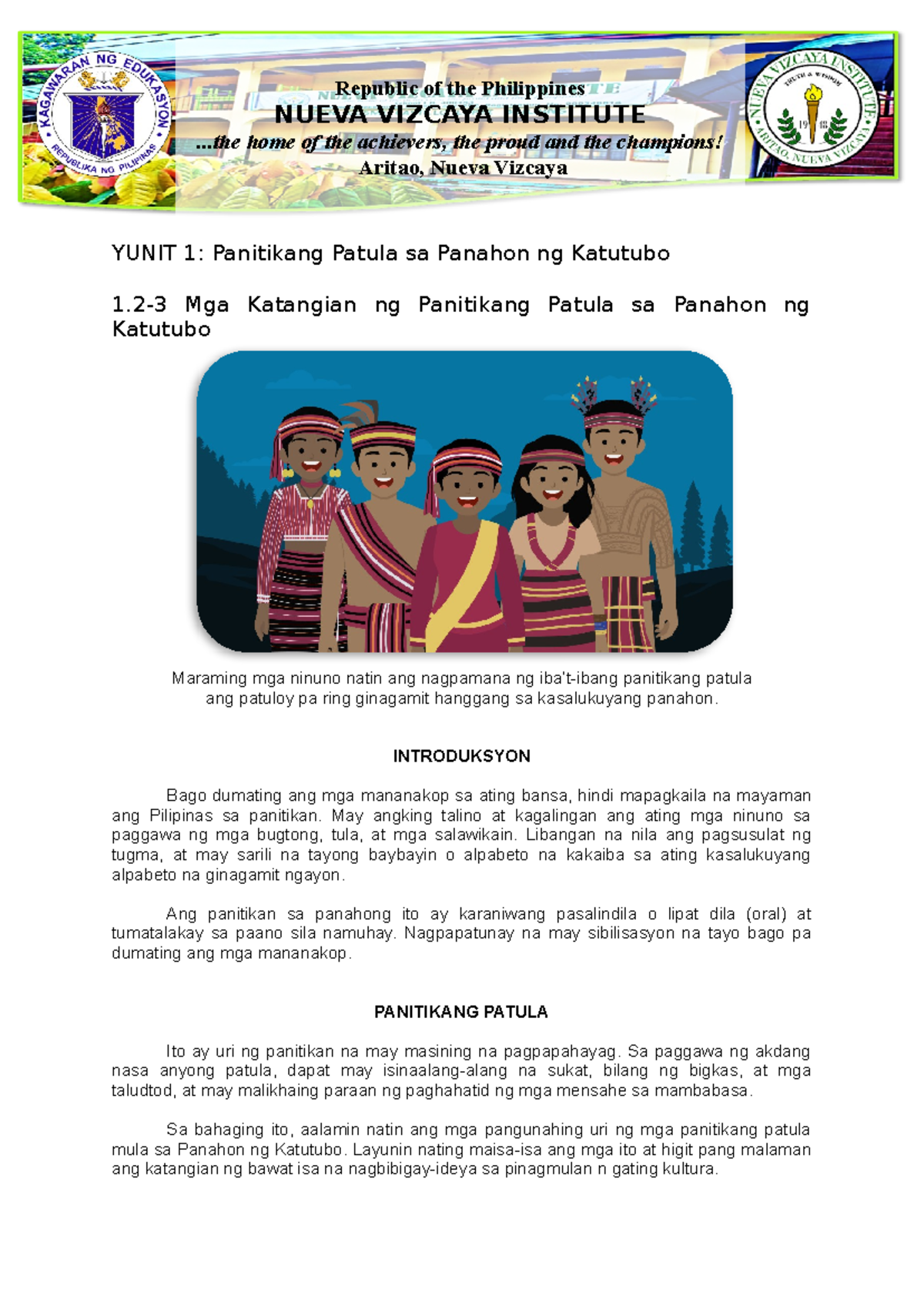 Panitikang Patula sa Panahon ng Katutubo (FIL 1) - Studocu