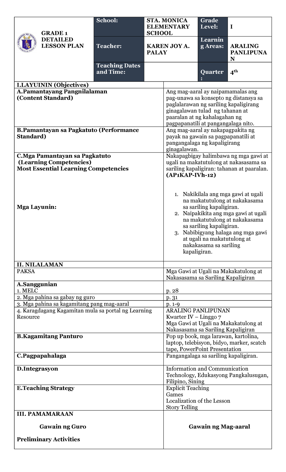 DLP-AP Grade 1 Detailed Lesson Plan on Environmental Awareness - Studocu