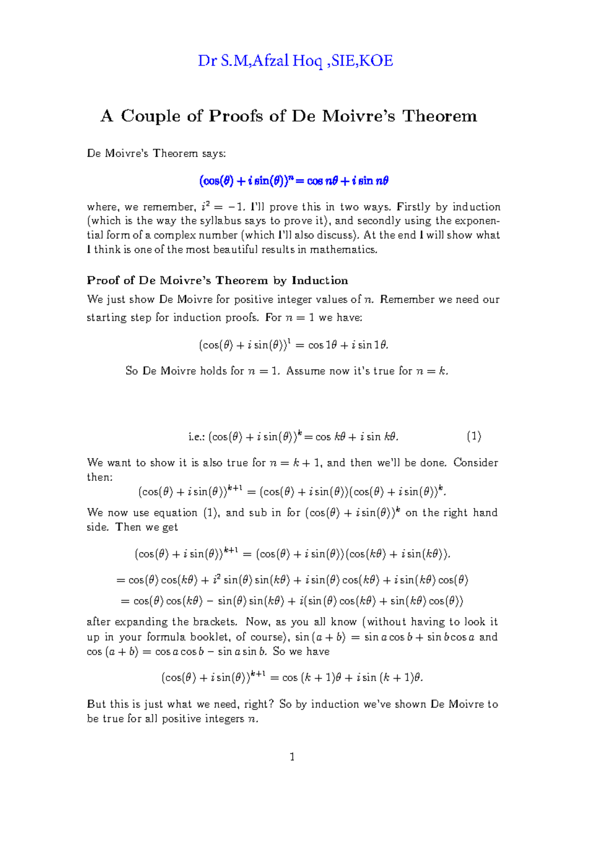 De Moivre's Theorem Proofs - NOTE MATH 1 - Studocu