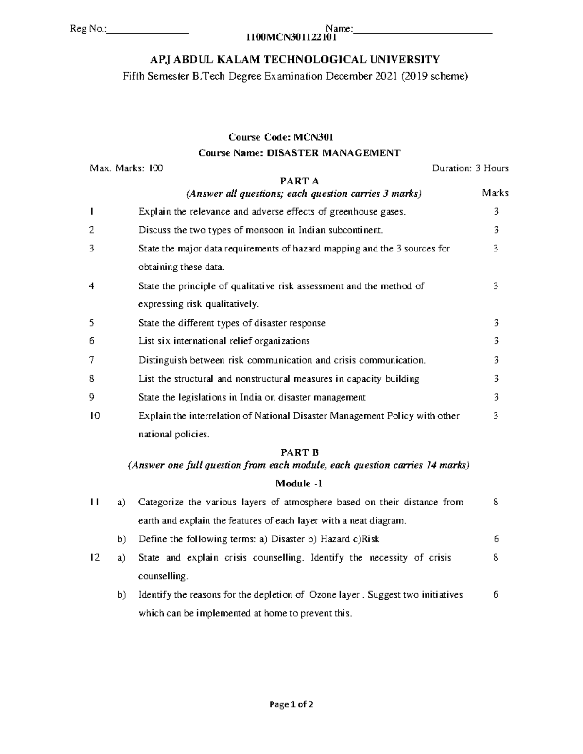 MCN301 Disaster Management Exam Questions - Dec 2021 - Studocu