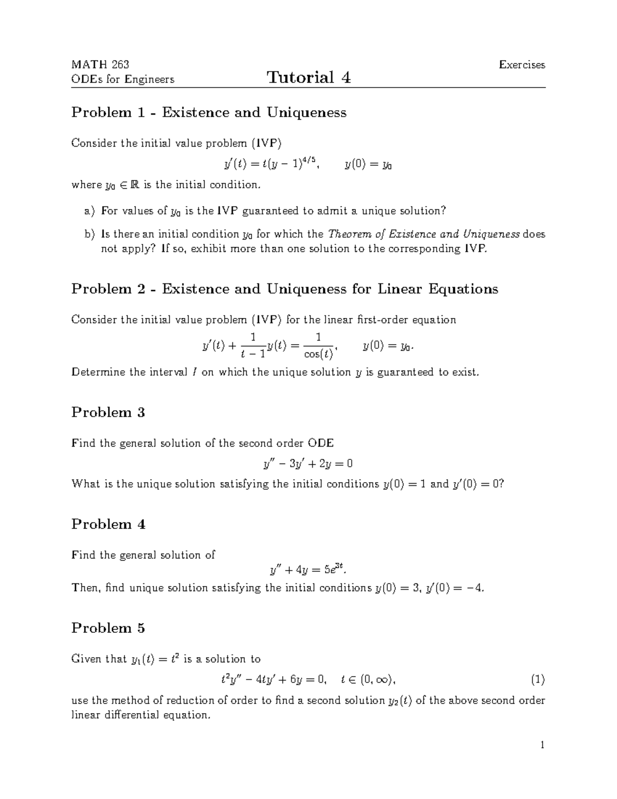 MATH 263 ODEs for Engineers Tutorial 4: Existence & Uniqueness Problems - Studocu