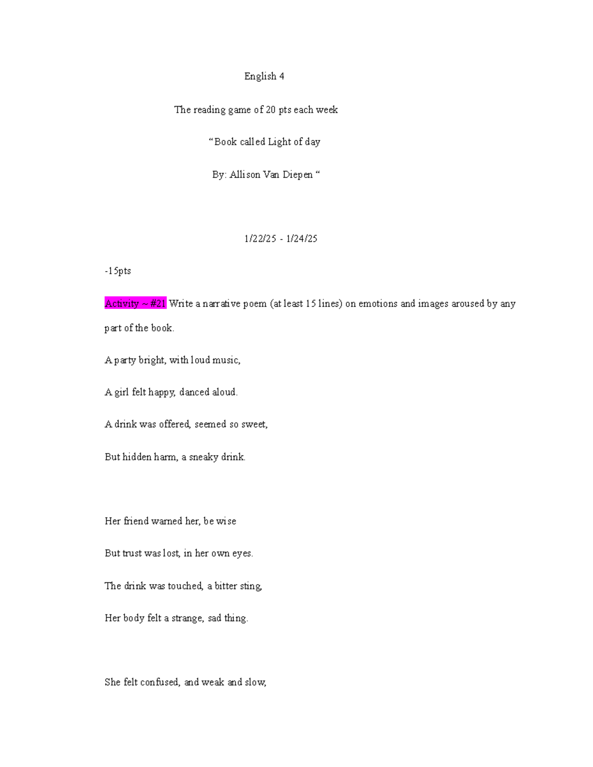 English 4: Narrative Poem & Character Analysis on "Light of Day" - Studocu