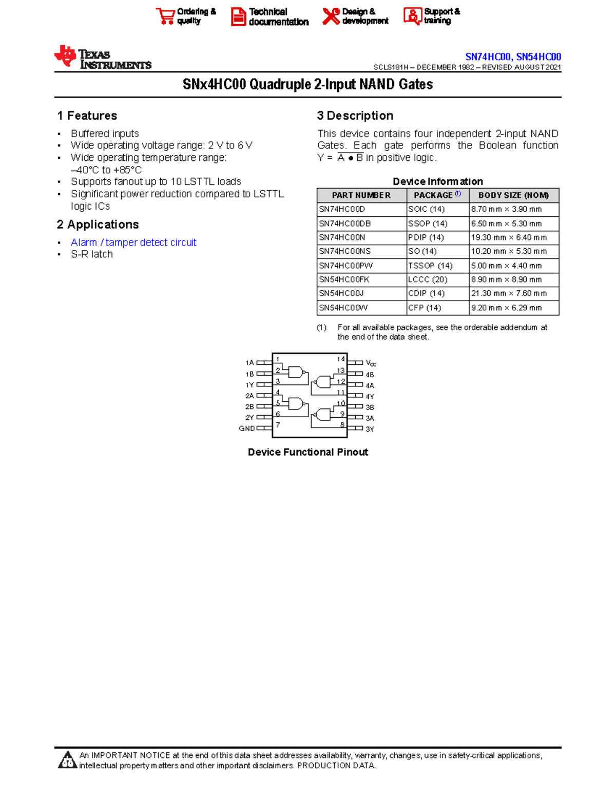 SN74HC00 Quadruple NAND Gates Datasheet Overview - Studocu