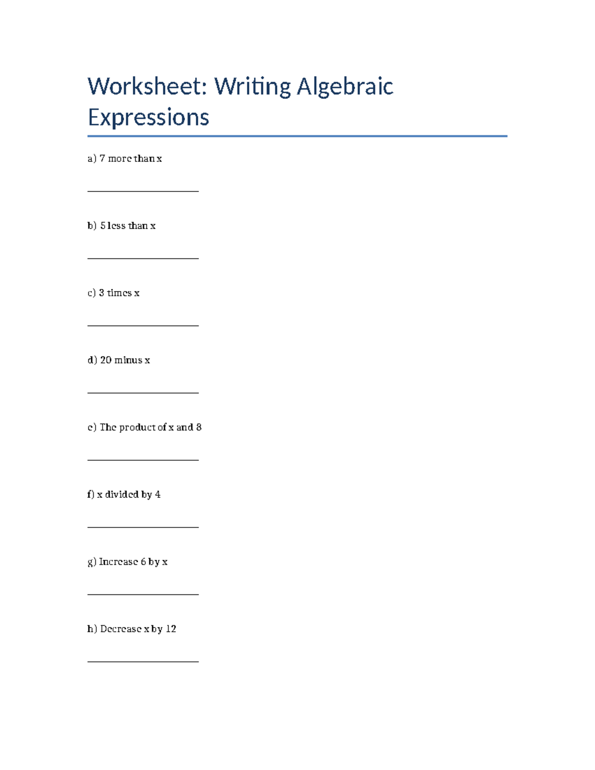 Worksheet: Writing Algebraic Expressions (Algebra 101) - Studocu