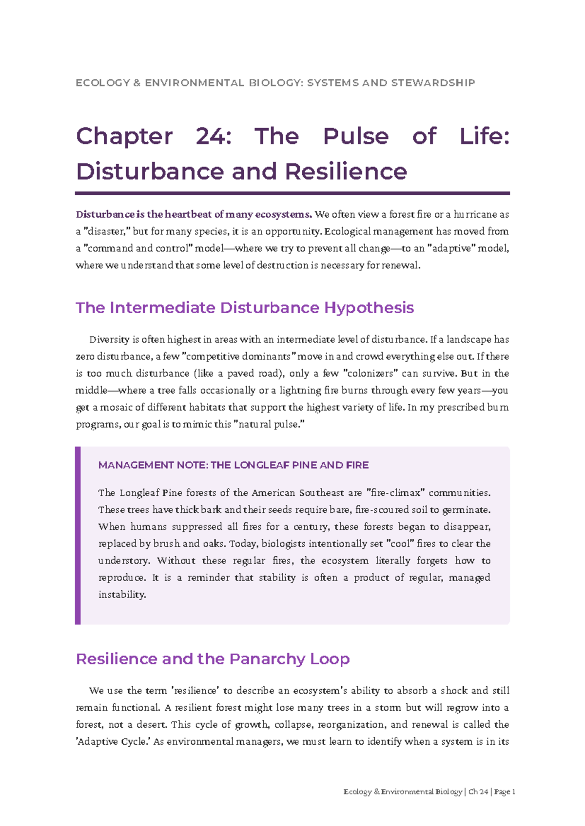 ECOLOGY ENVIRONMENTAL BIOLOGY: Ch 24 - Disturbance & Resilience - Studocu