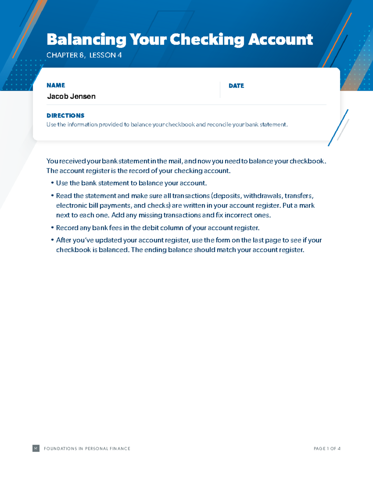 Act ch08 l04 english - activity - PAG E 1 O F 4 Balancing Your Checking ...