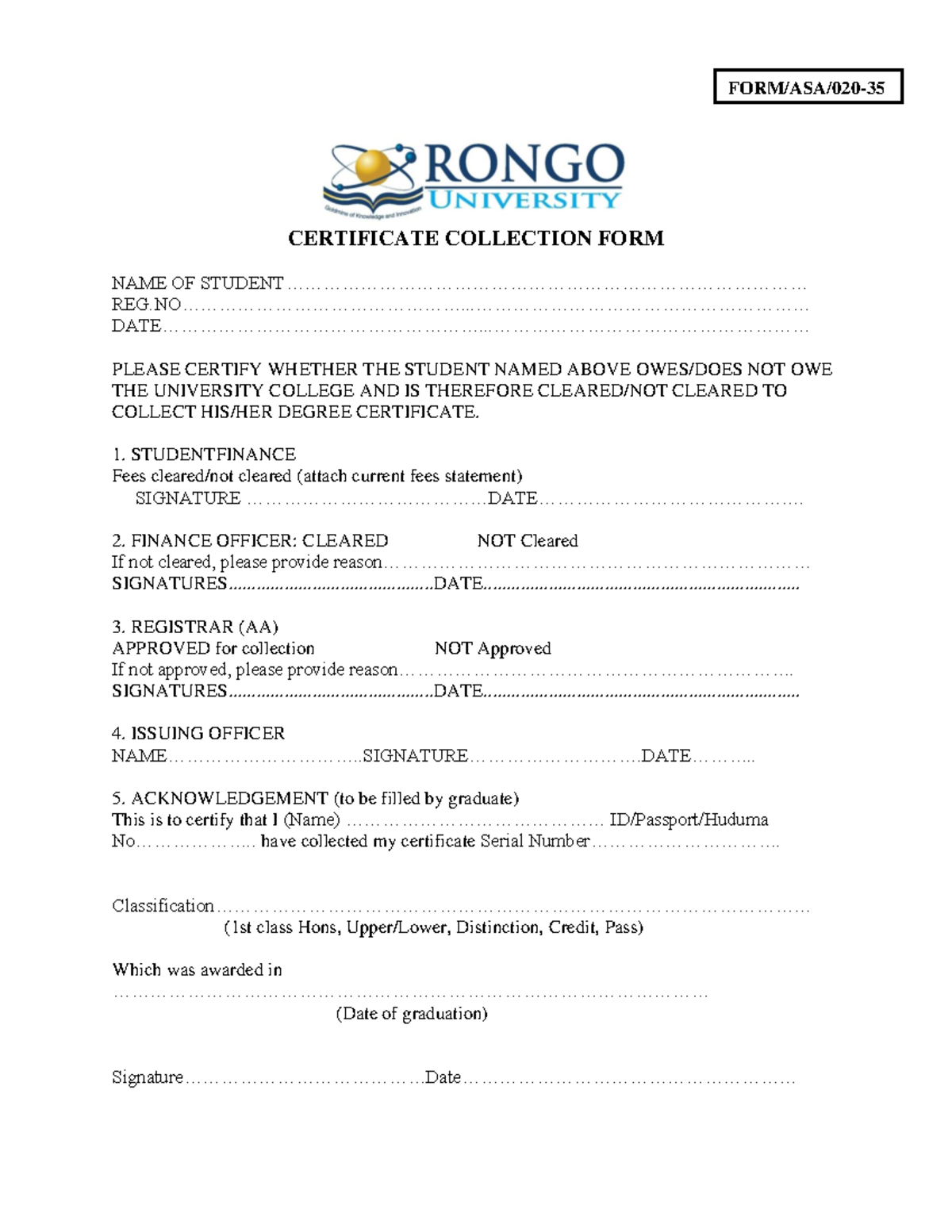 Certificate Collection FORM FORM ASA 020 35 - CERTIFICATE COLLECTION ...