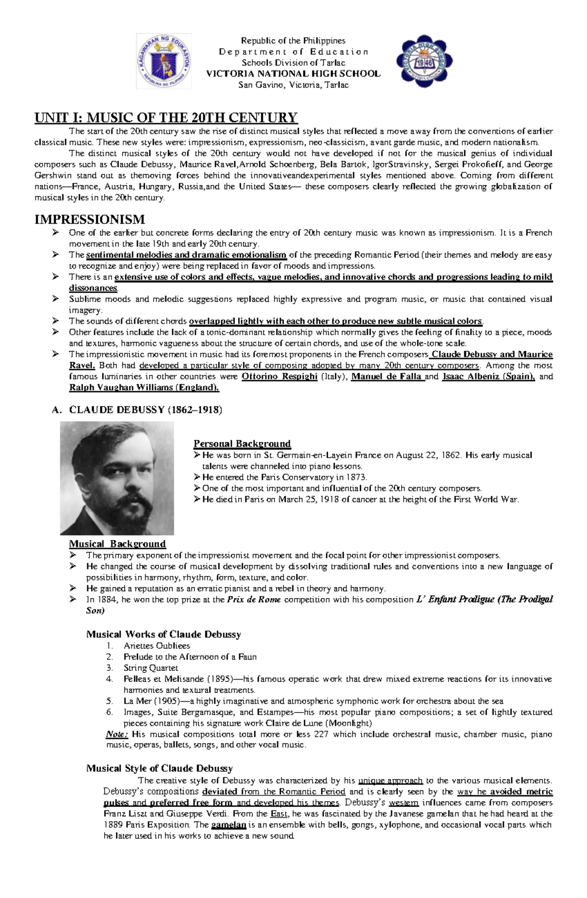 Grade 10 Music: Unit I - Music of the 20th Century Overview - Studocu