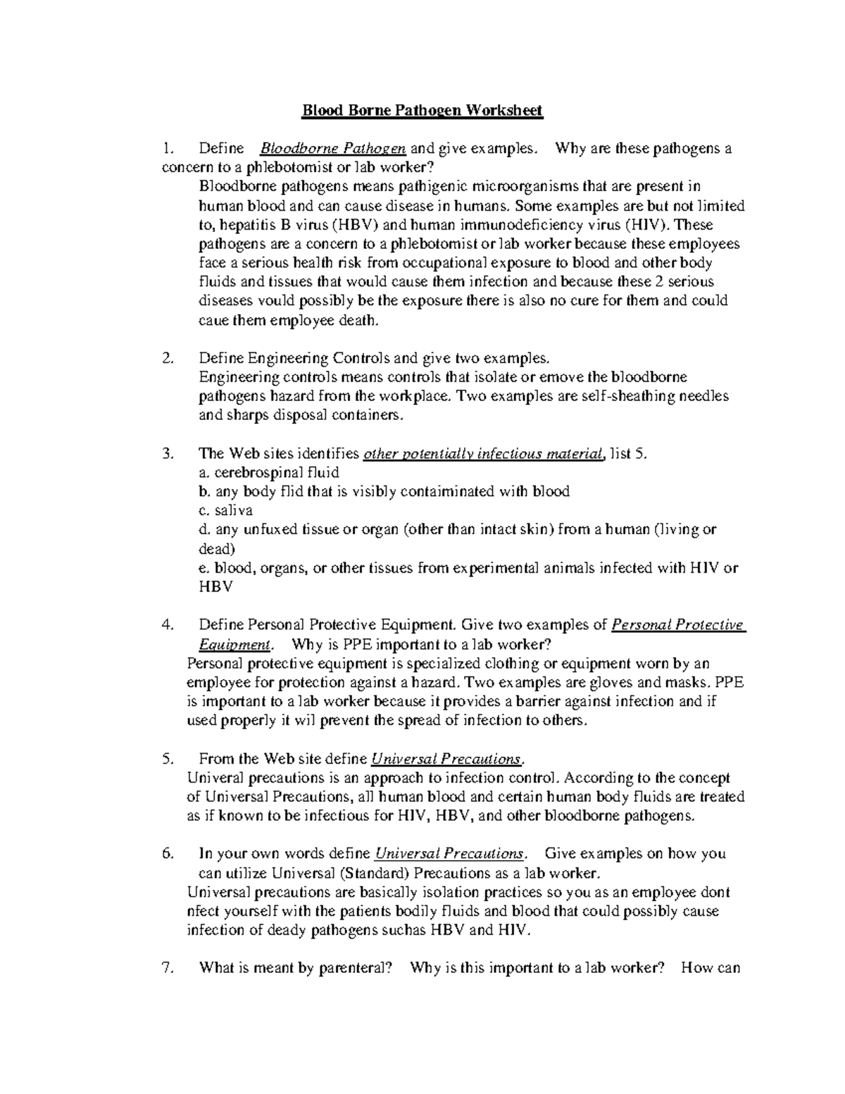 Blood Borne Pathogen Worksheet: Understanding Risks and Safety Measures ...