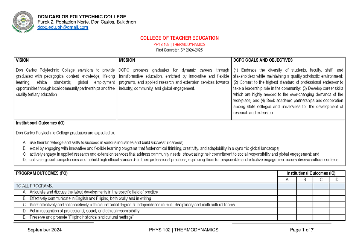 PHYS 102 Course Syllabus: Thermodynamics for SY 2024-2025 - Studocu