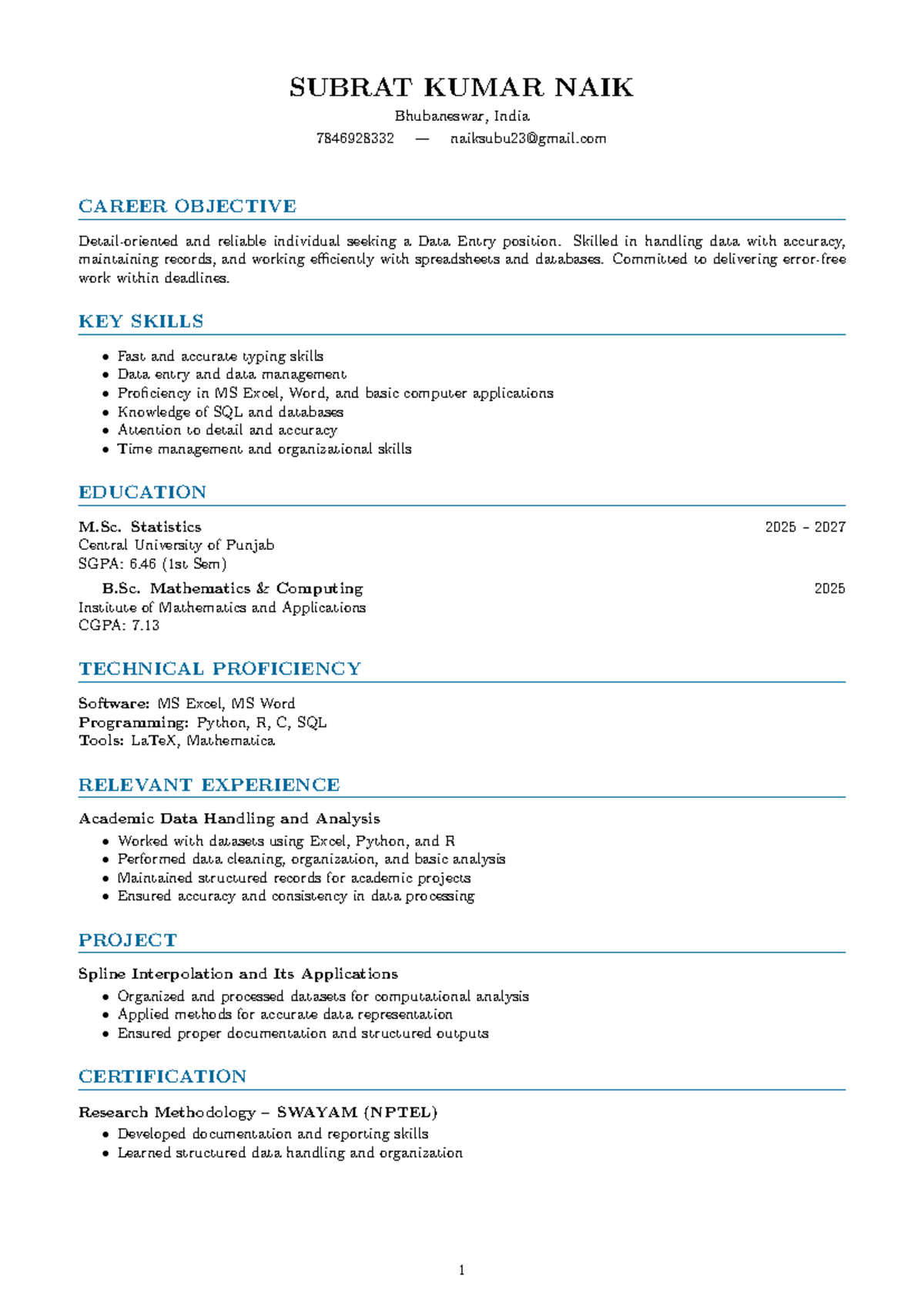 Data Entry Resume - Subrat Kumar Naik (M.Sc. Statistics) - Studocu