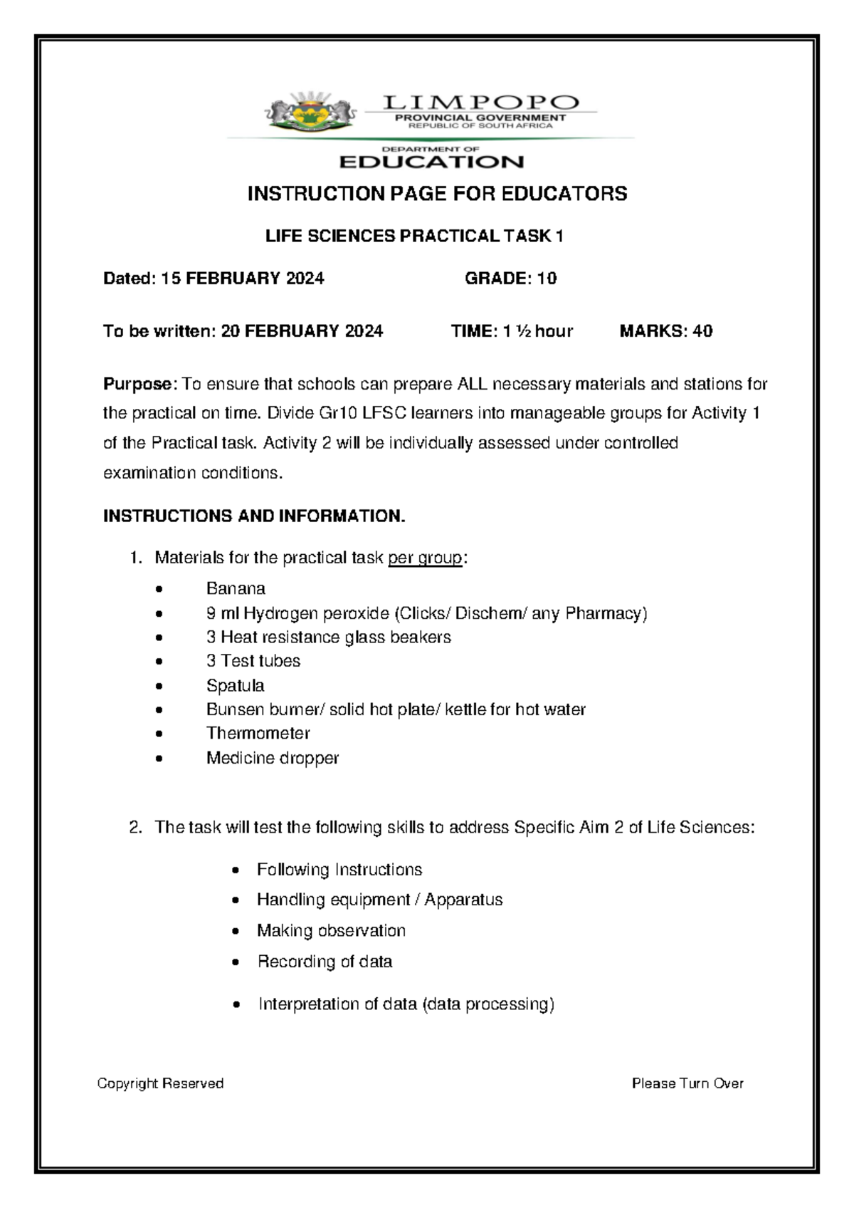 Grade 10 Life Sciences Practical Task 1 Instructions - ENG - 2024 - Studocu