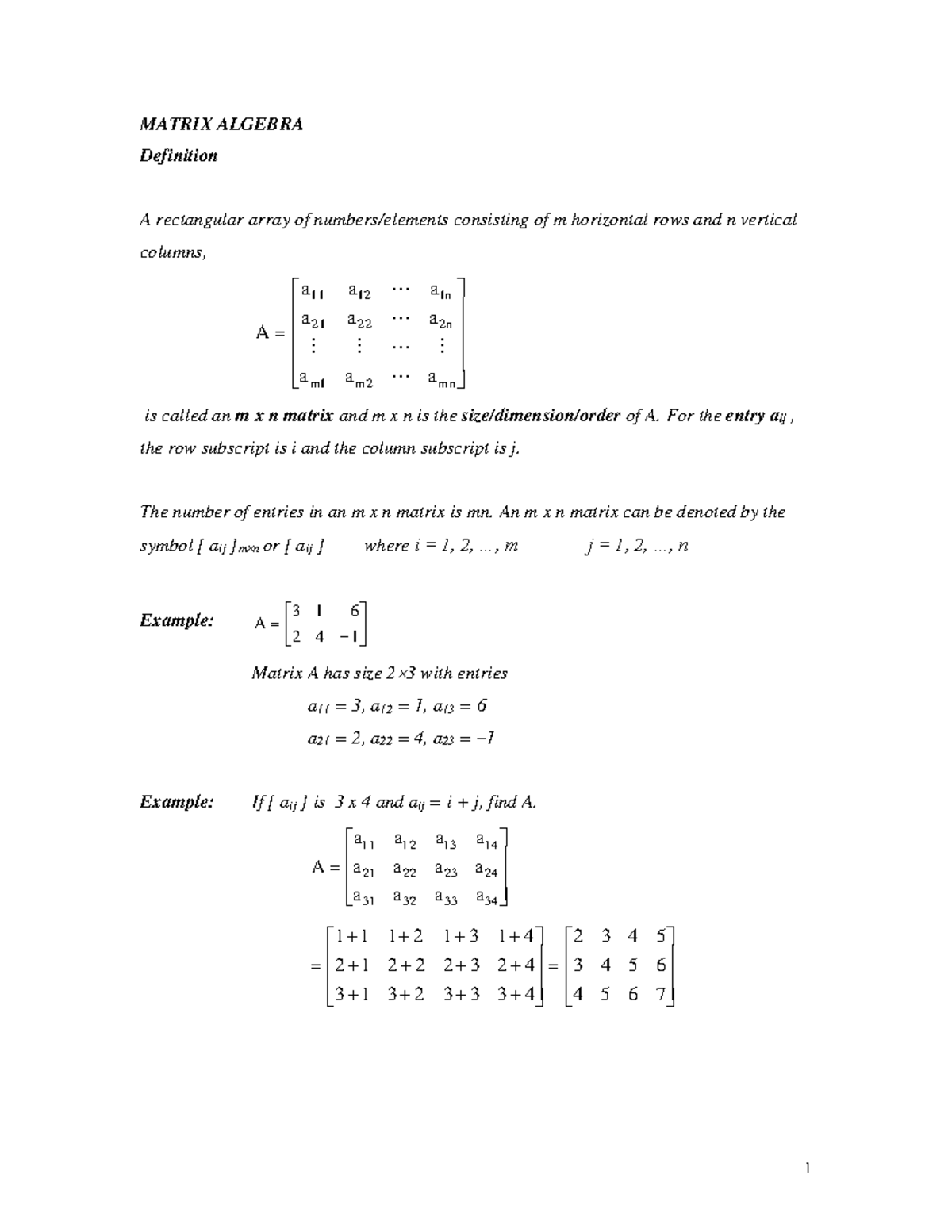 Matrices and Their Properties - MAT 101 Notes for Economics and ...
