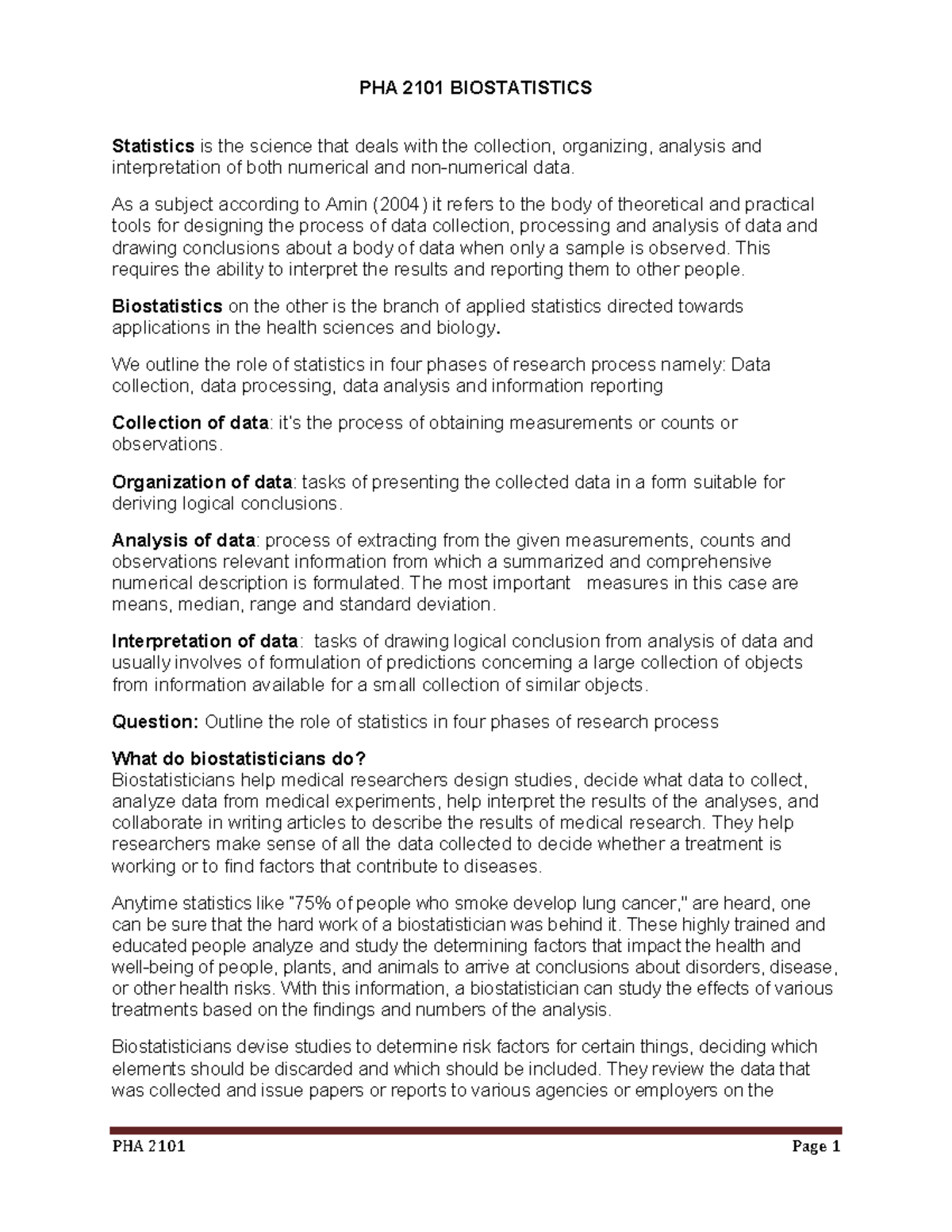 PHA 2101 BIOSTATISTICS: Understanding Data Collection and Analysis ...