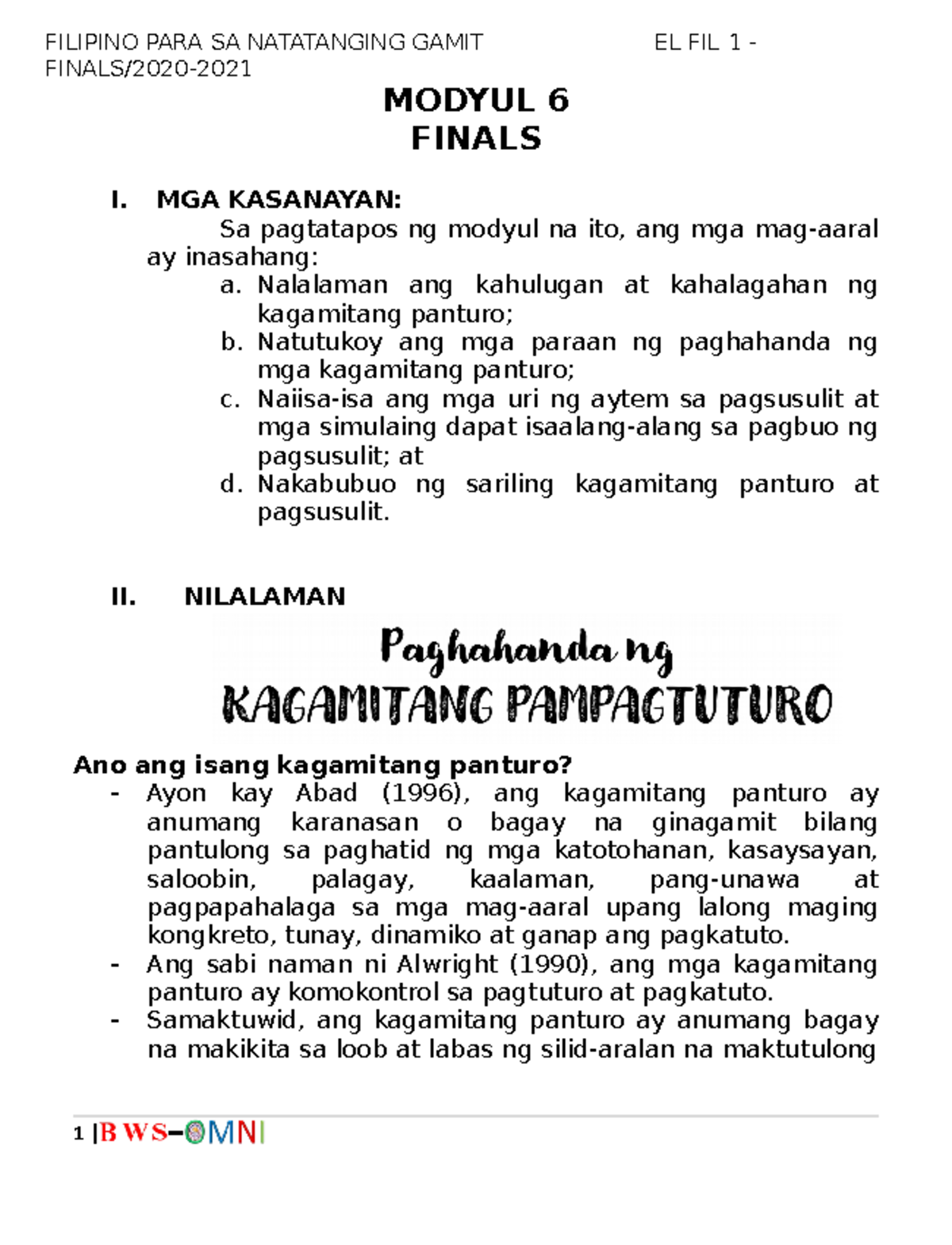 College Aralin 1 (finals) EL FIL 1 NATATANGING GAMIT - FINALS/2020 ...