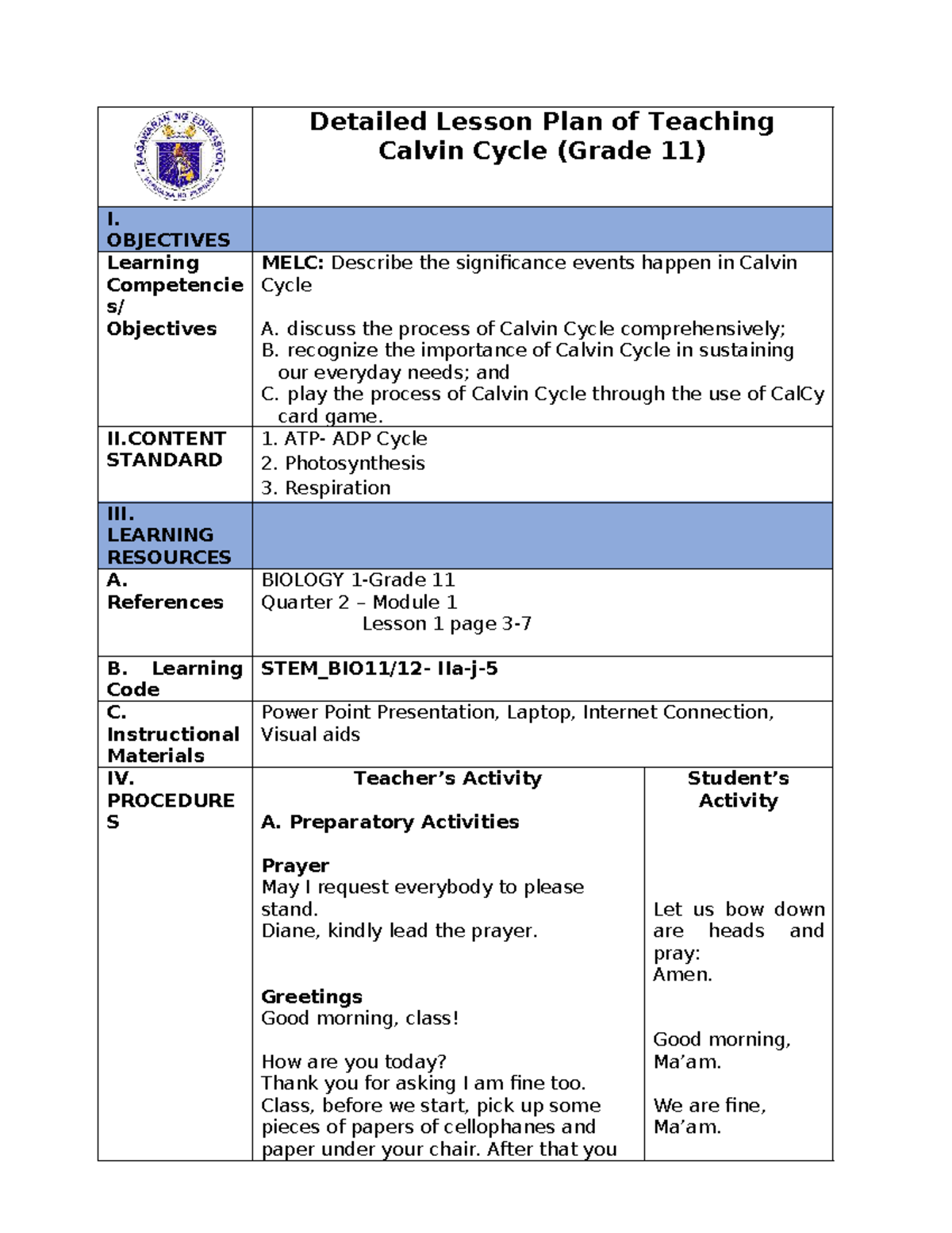 Detailed Lesson Plan on the Calvin Cycle (Grade 11) - Studocu