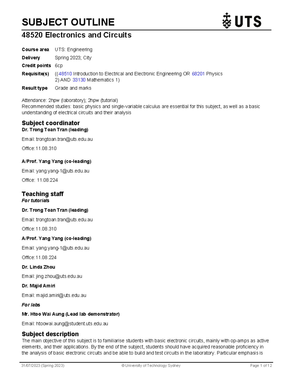 Electronics and Circuits - SUBJECT OUTLINE 48520 Electronics and ...