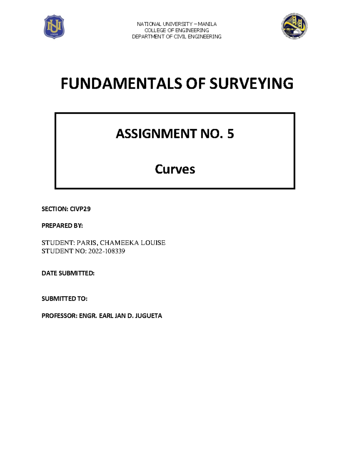 CIV 29 - Fundamentals of Surveying Assignment No. 5 - Studocu