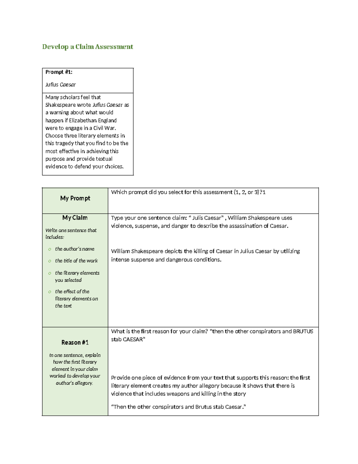 3.01 Claim Assessment: Analyzing Literary Elements in Julius Caesar ...