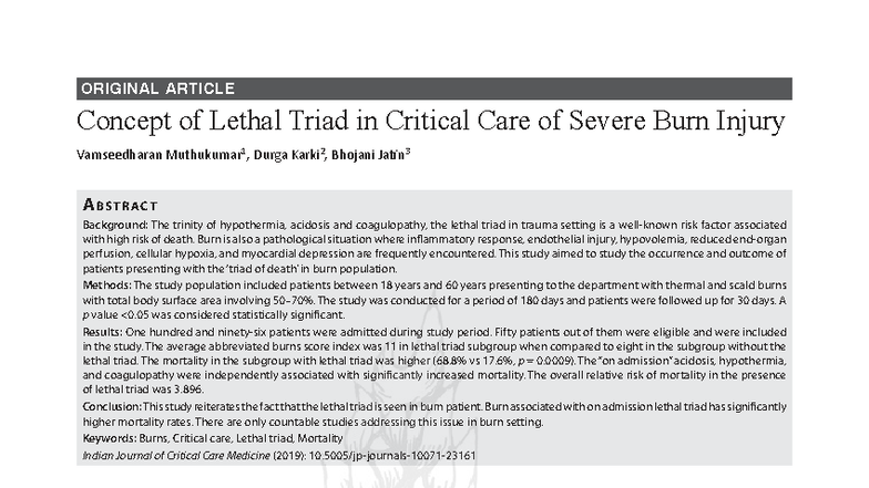 Concept of Lethal Triad in Critical Care of Severe Burn Injury (2EJP12H7NF) - Studocu