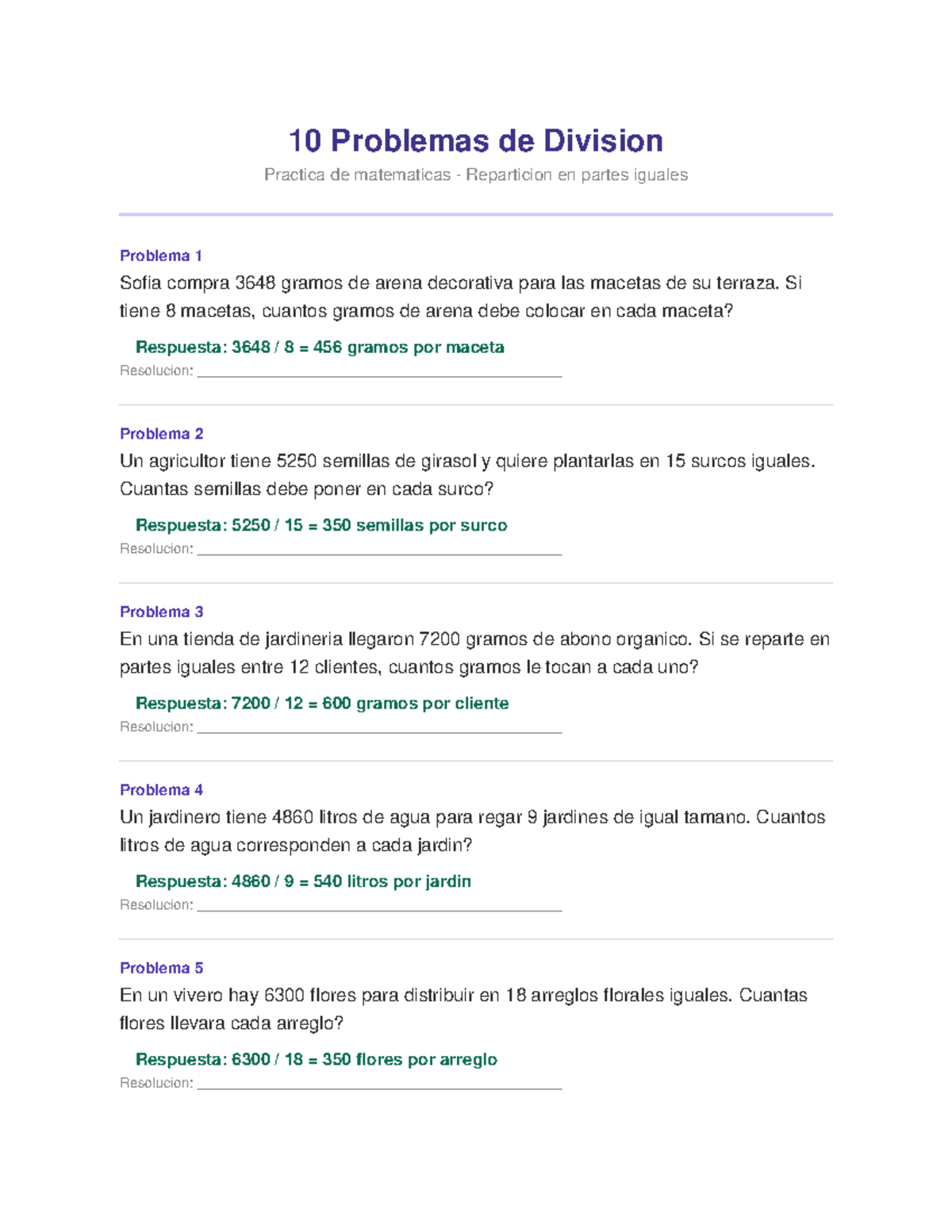 10 Problemas de División Práctica - Matemáticas 101 - Studocu