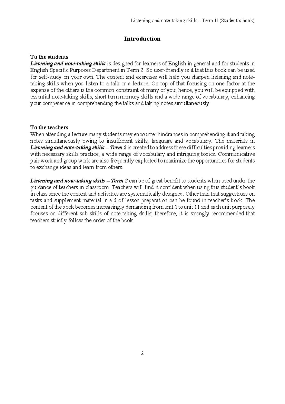 Listening & Note-taking Skills - Student Book - Term 2 Overview - Studocu