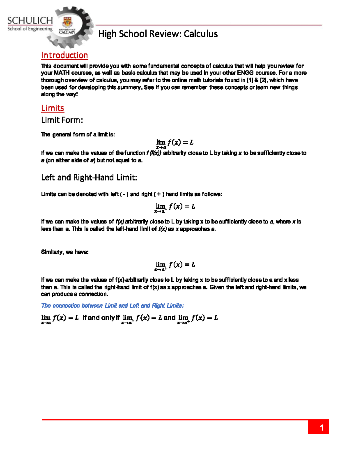 SCHULICH High School Review: Intro to Calculus Concepts - Studocu