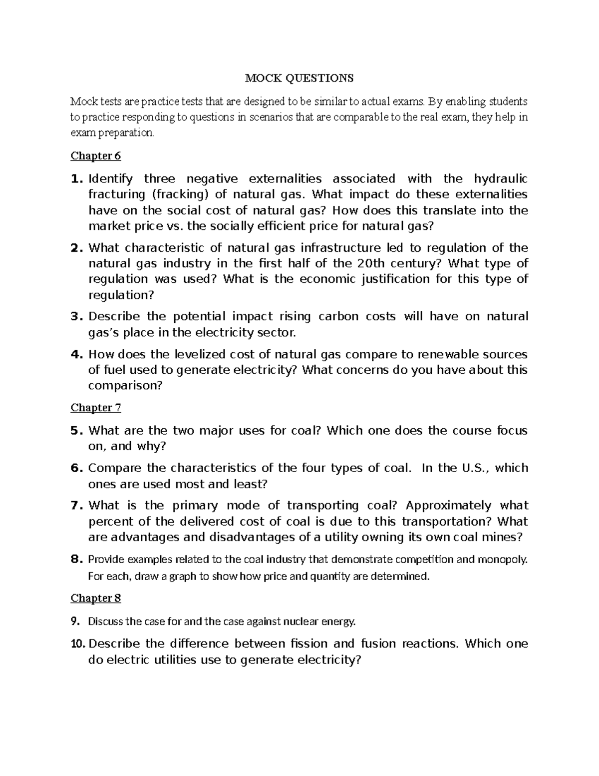 MOCK Questions for Environmental Economics Exam (Chapters 6-10) - Studocu