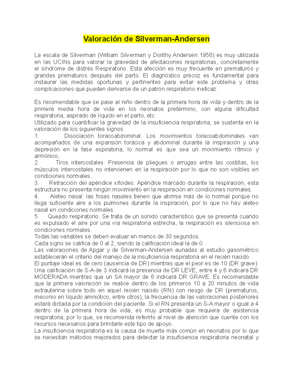 Valoración de Silverman-Andersen para Insuficiencia Respiratoria en ...