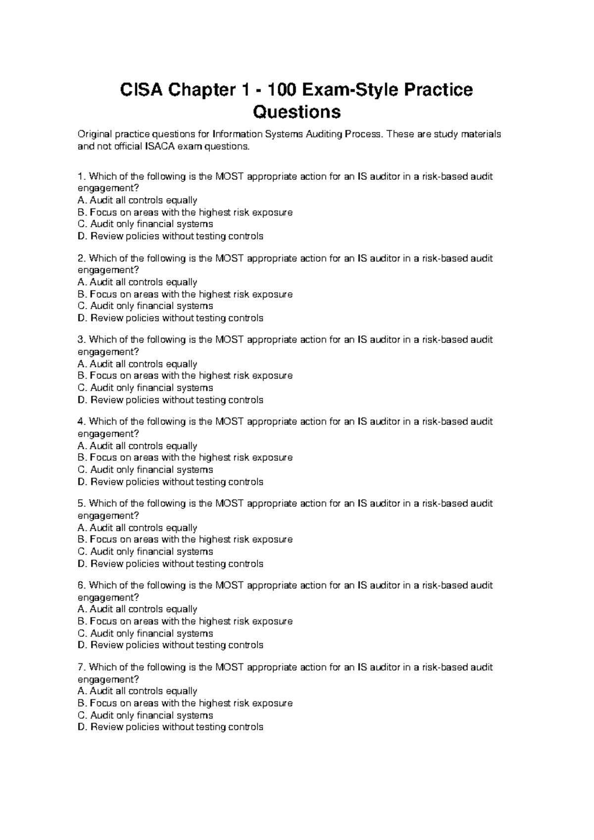 CISA Chapter 1: 100 Exam-Style Practice Questions - Studocu