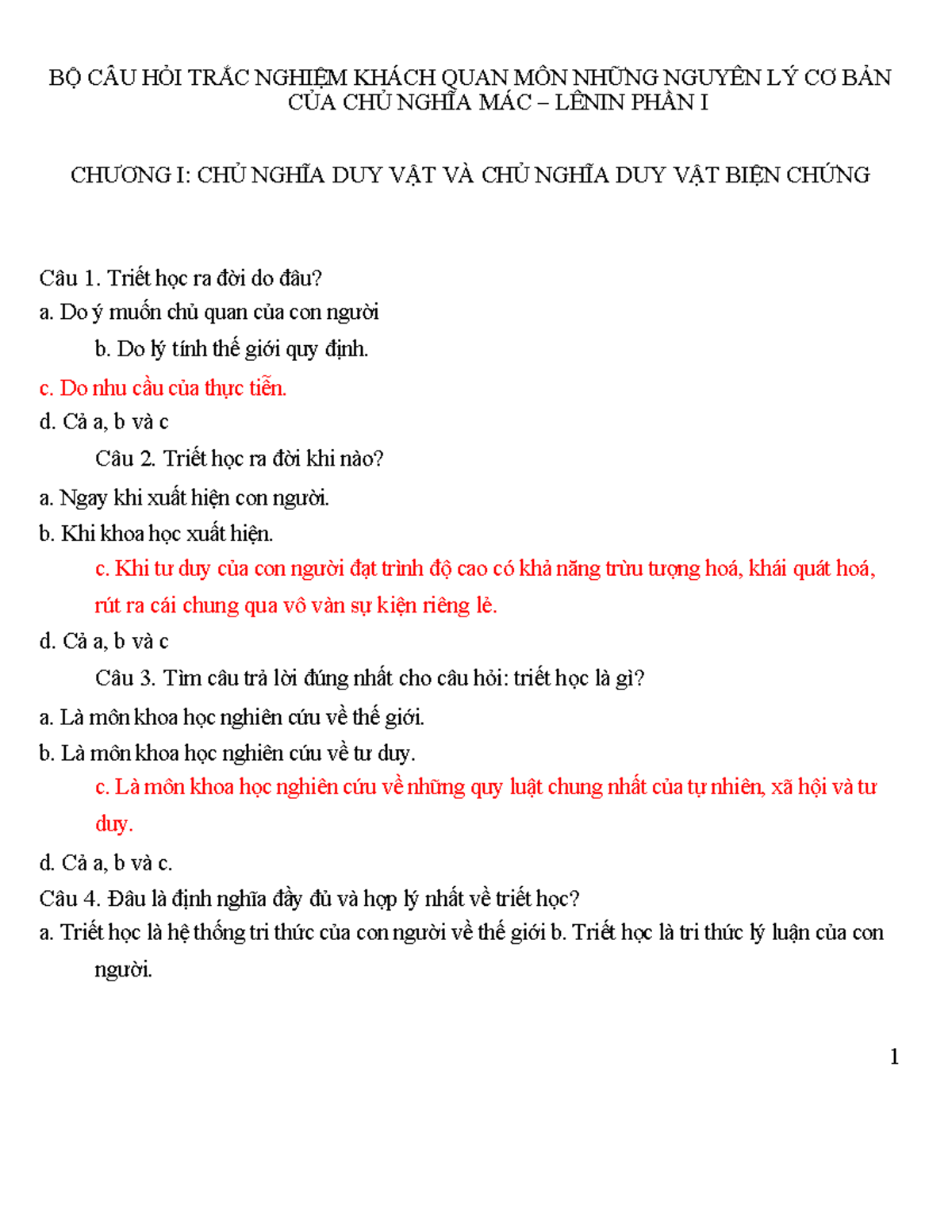 ĐÁP ÁN 350 CÂU TRẮC NGHIỆM NLCB CHỦ NGHĨA MÁC-LÊNIN PHẦN I CHƯƠNG I ...