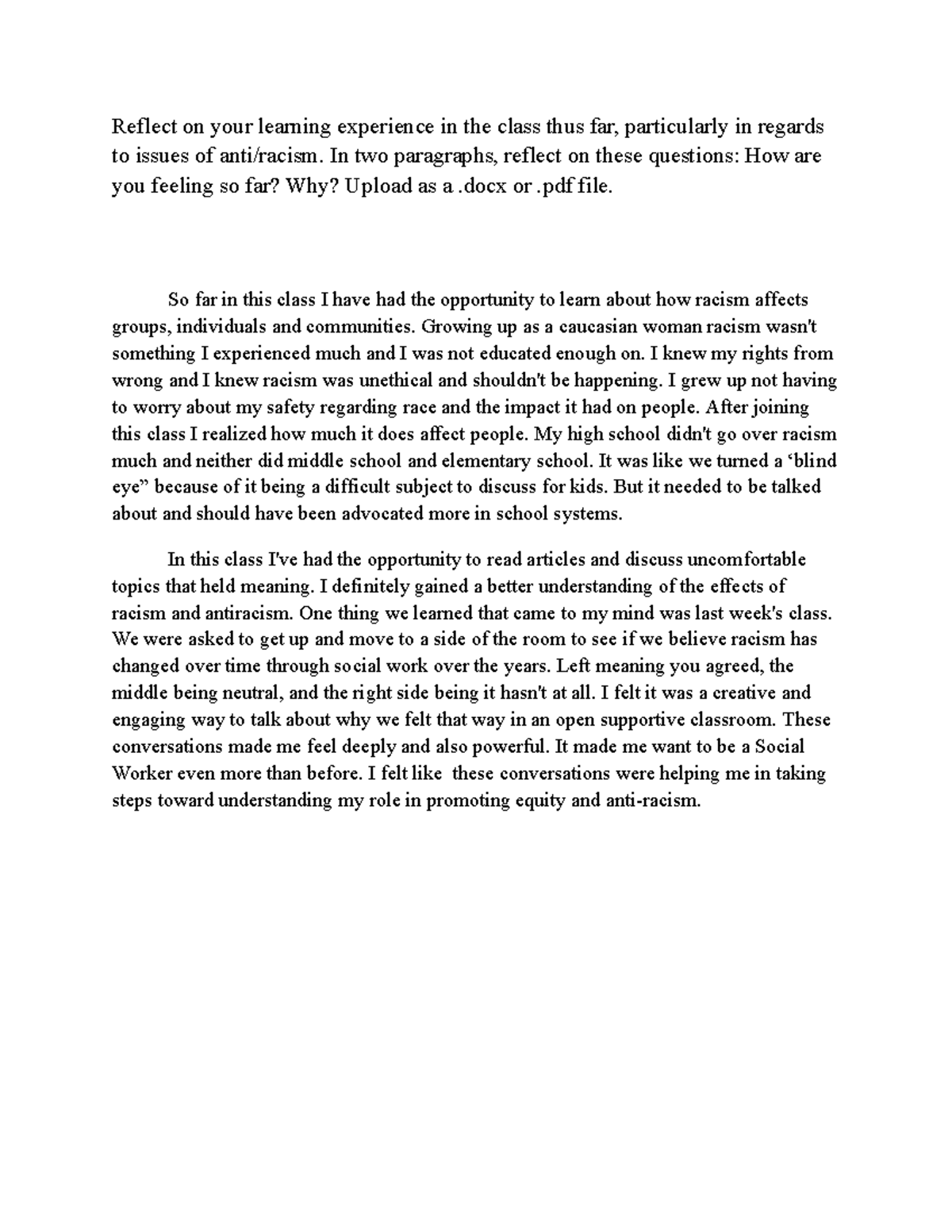 Reflection on Learning Experience in Class: Understanding Racism - Studocu