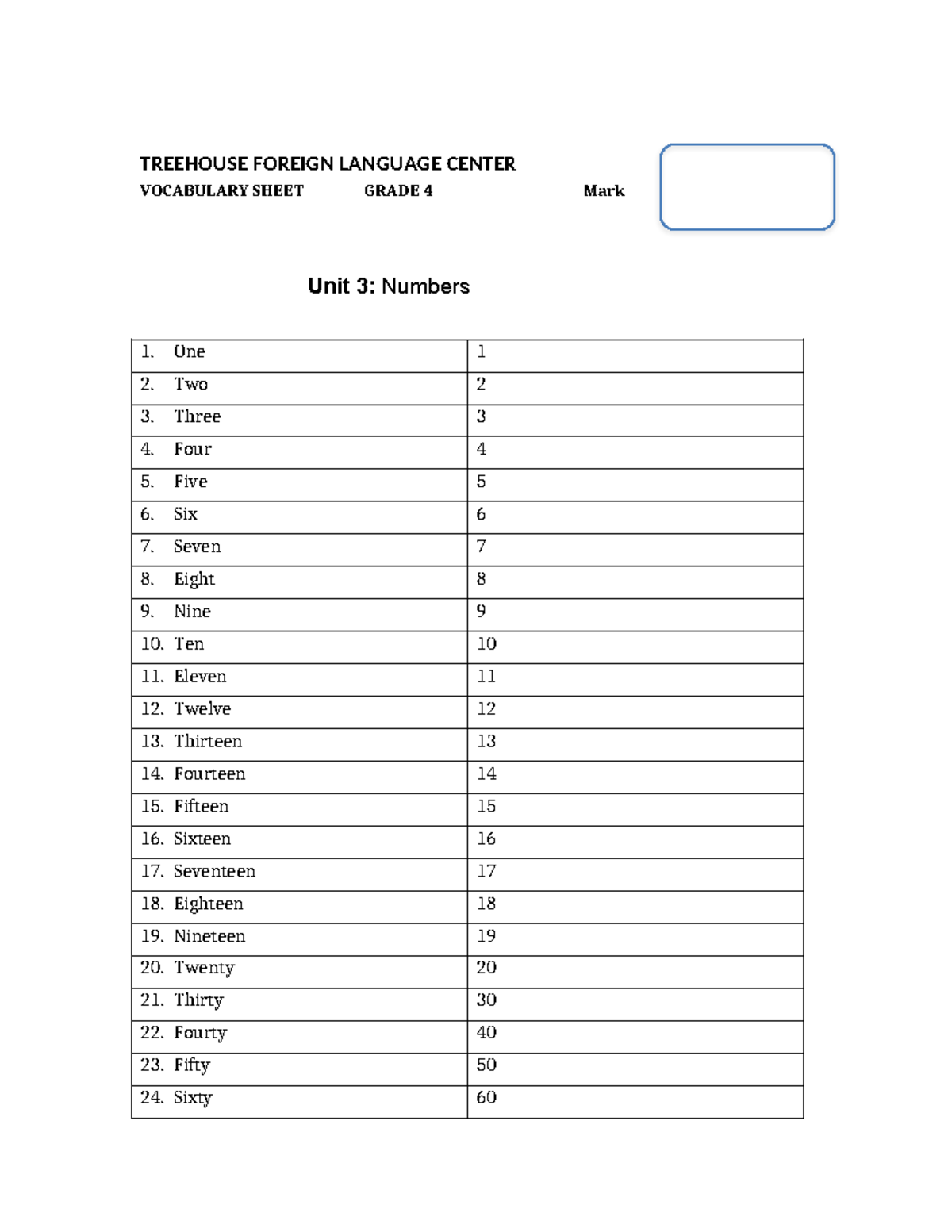 TREEHOUSE GRADE 4 VOCABULARY SHEET: UNIT 3 NUMBERS - Studocu