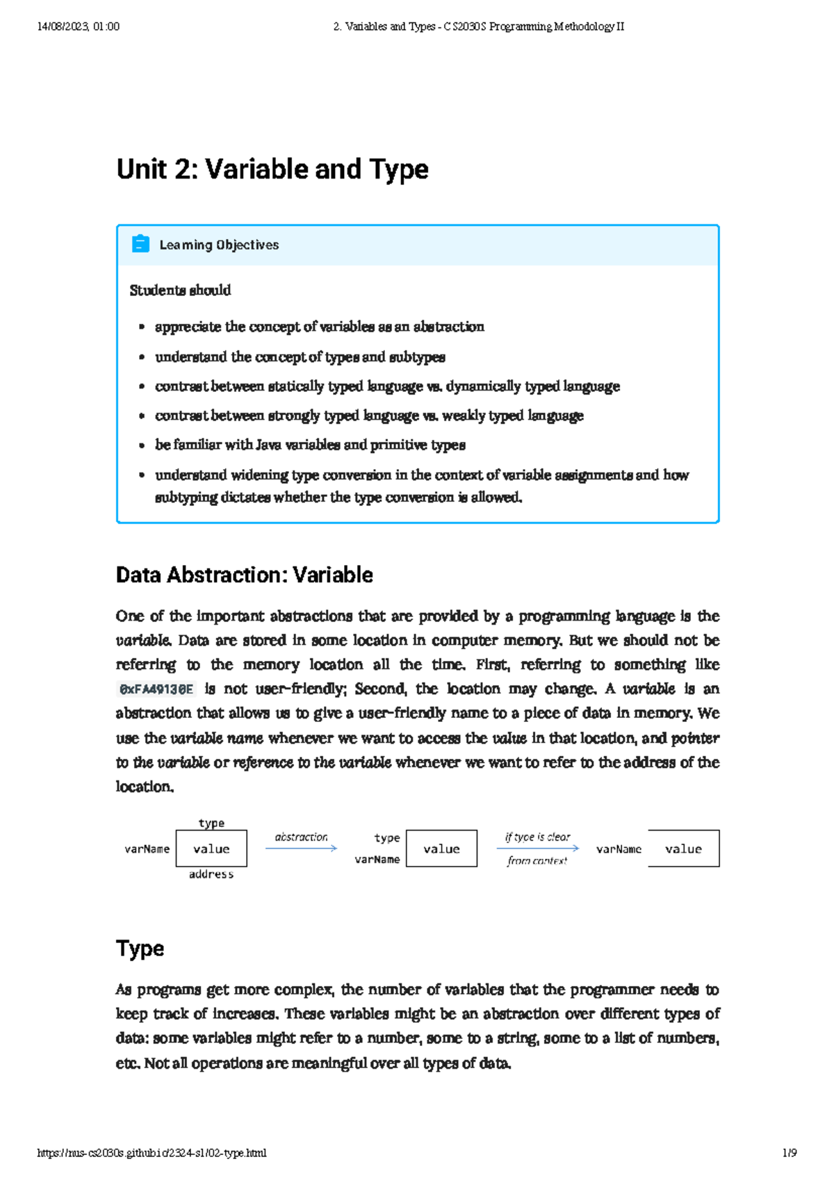 CS101: Lecture Notes on Variables and Types - Unit 2 - Studocu