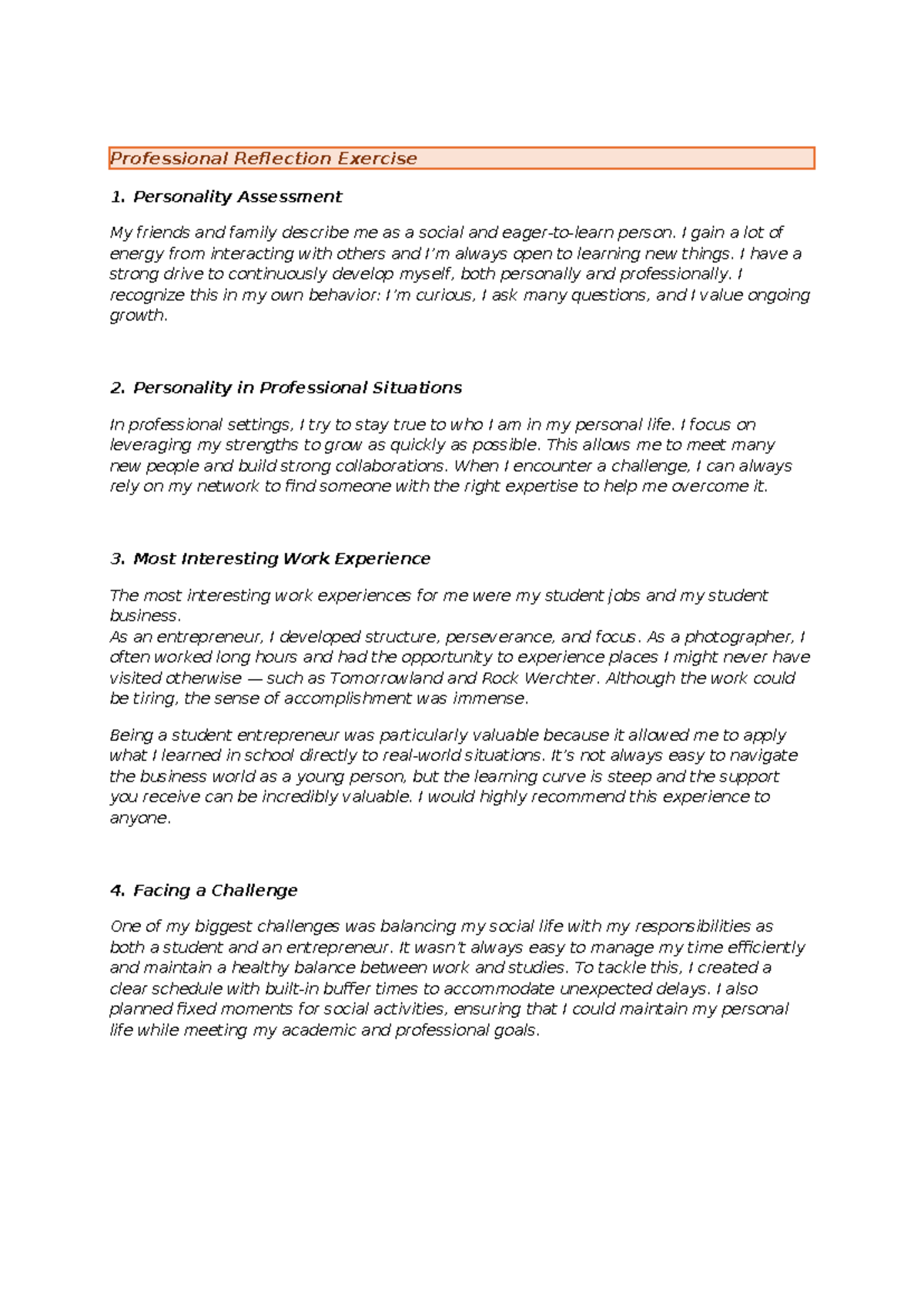 Professional Reflection Exercise 1: Personality Assessment Insights - Studocu