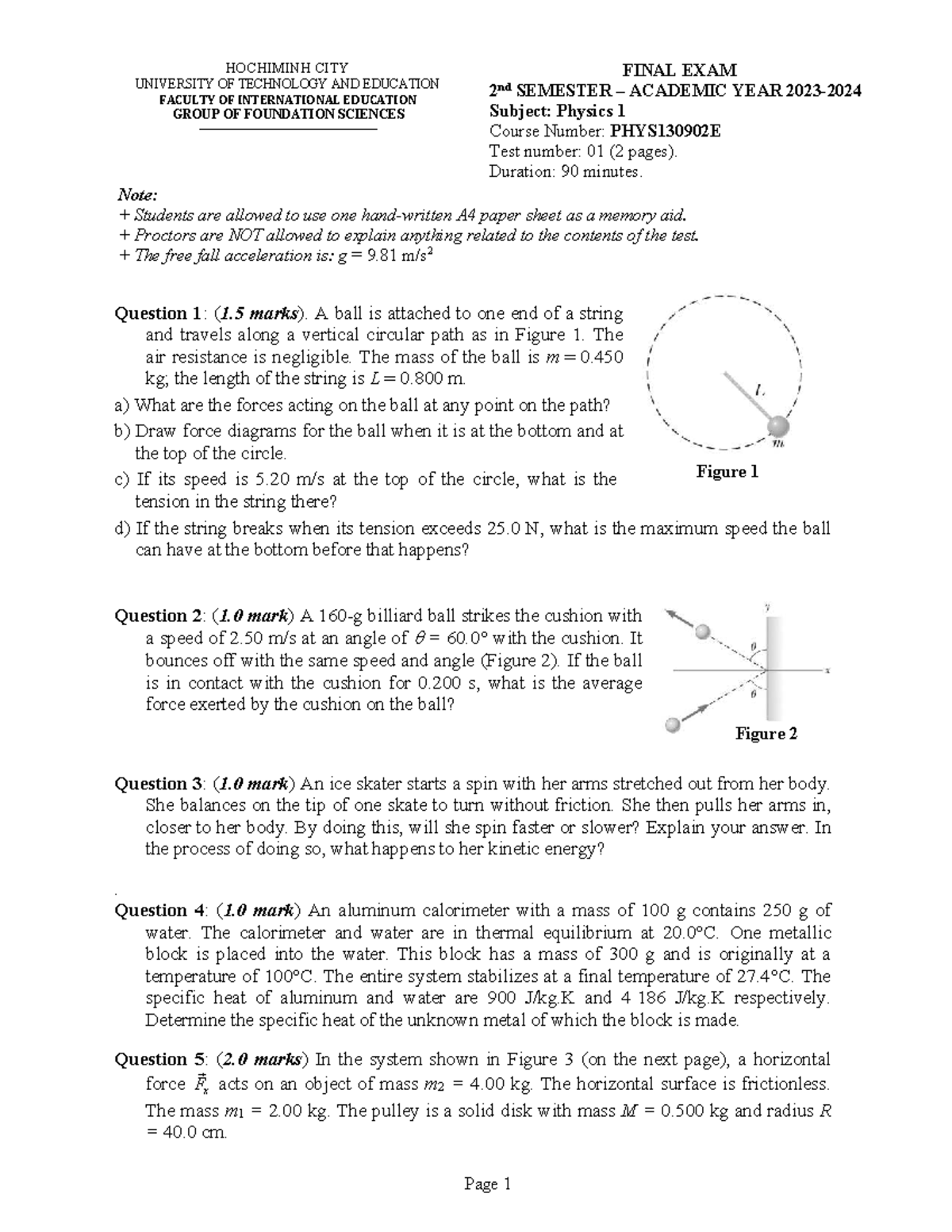 Physics 1 Final Exam (PHYS130902E) - 2nd Semester 2023-2024 - Studocu