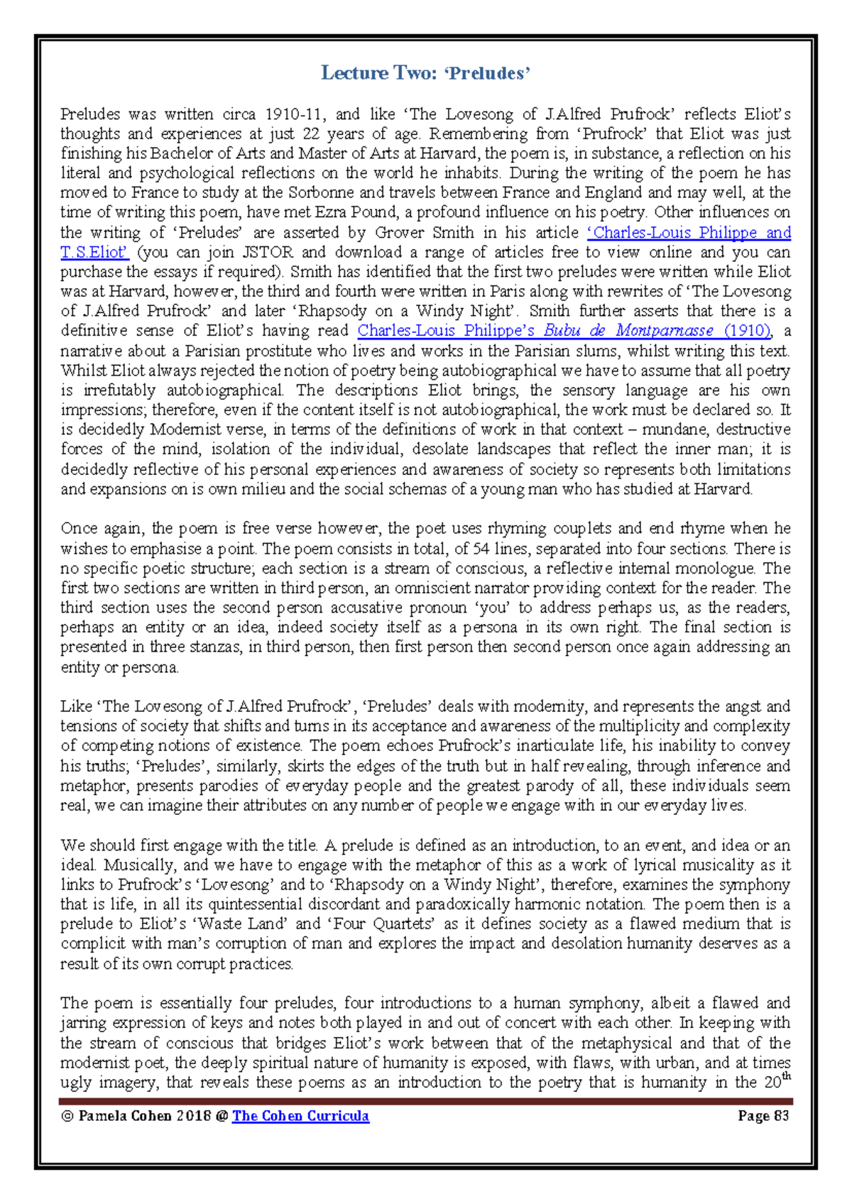 Lecture on 'Preludes' by T.S. Eliot - Analysis and Reflections - Studocu