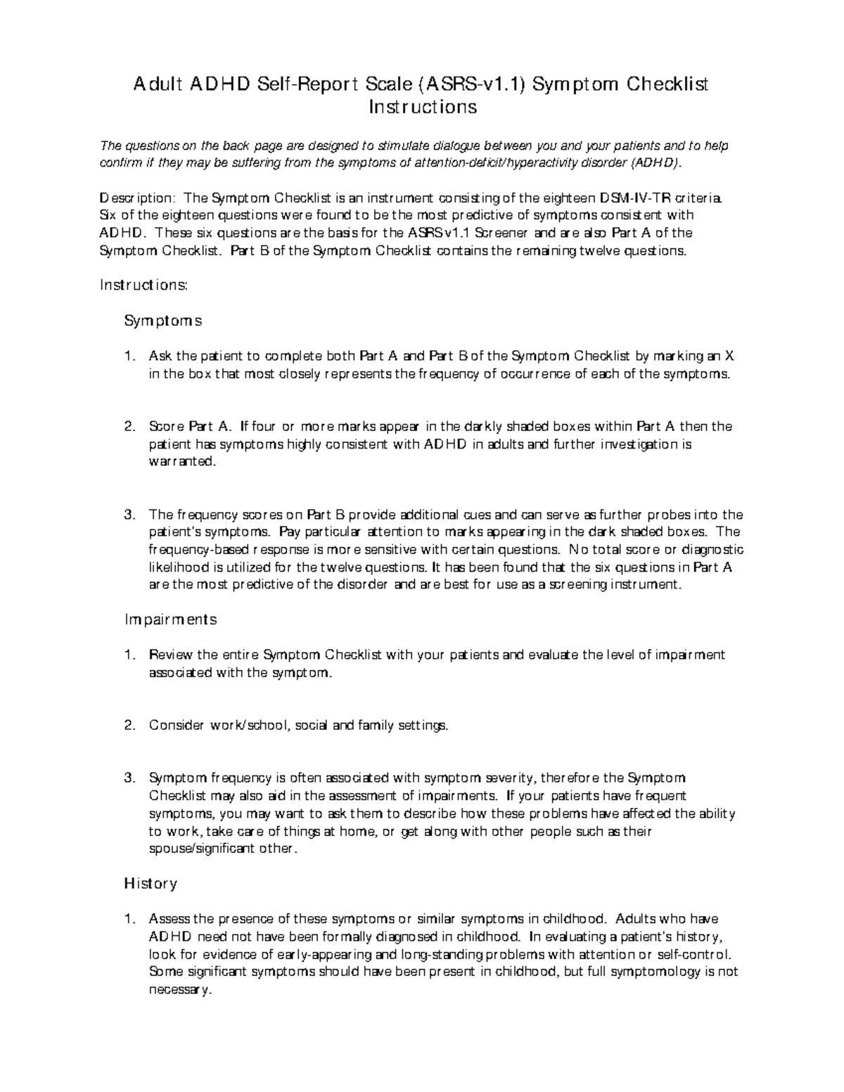 Adult ADHD Self-Report Scale (ASRS-v1) Symptom Checklist Guide ...