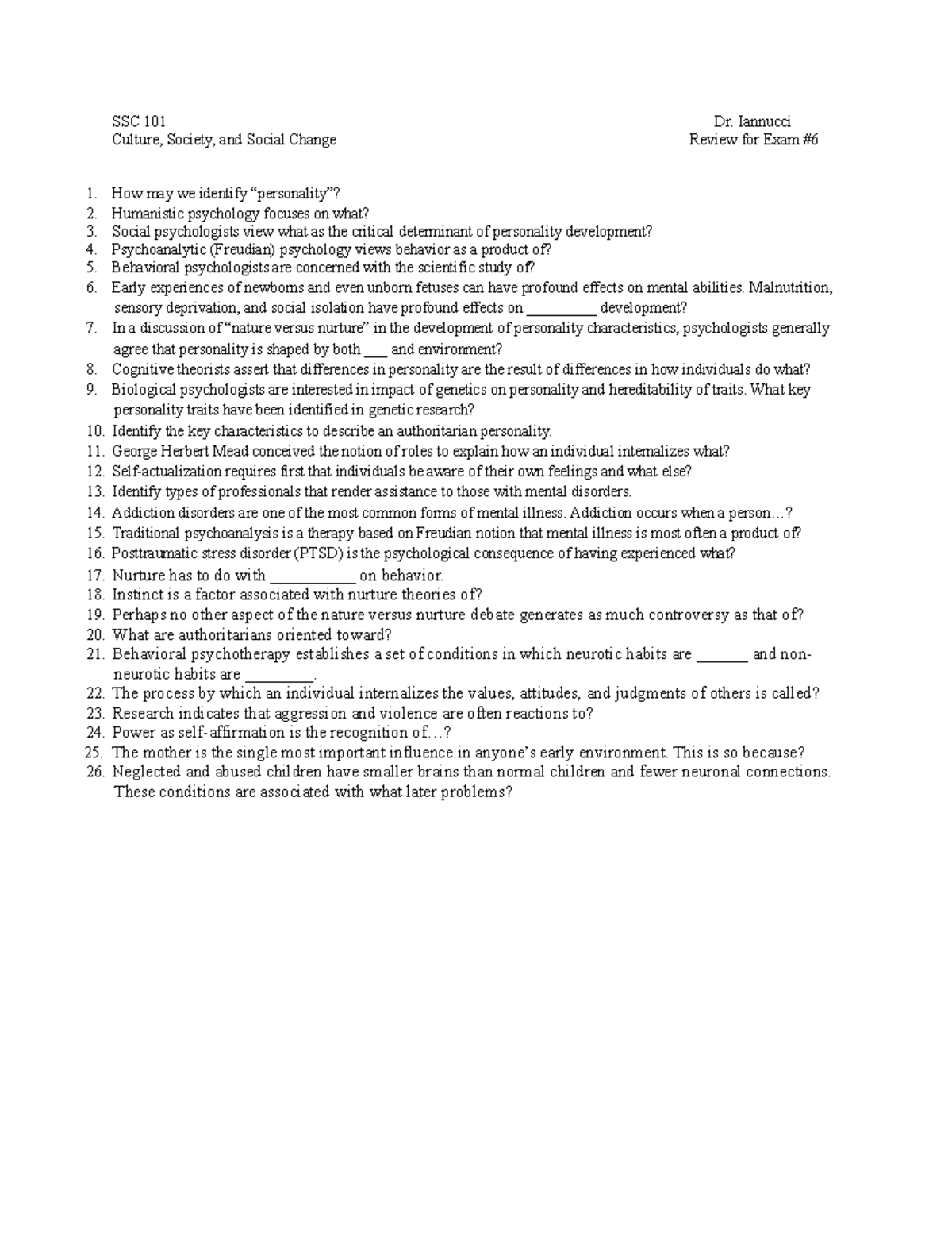 SSC 101 - Review for Exam #6 - SSC 101 Dr. Iannucci Culture, Society ...