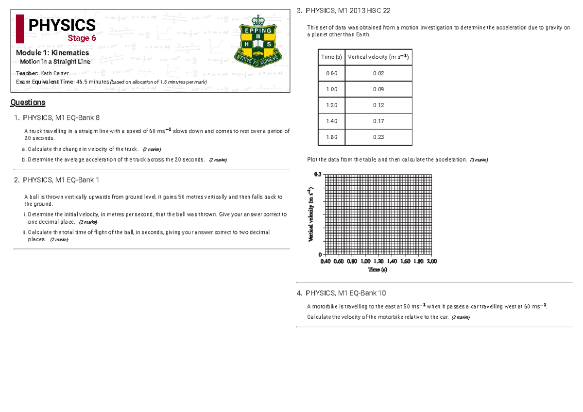 Preliminary Physics Module 1 Practise Exam questions and solutions Motion in a Straight Line ...