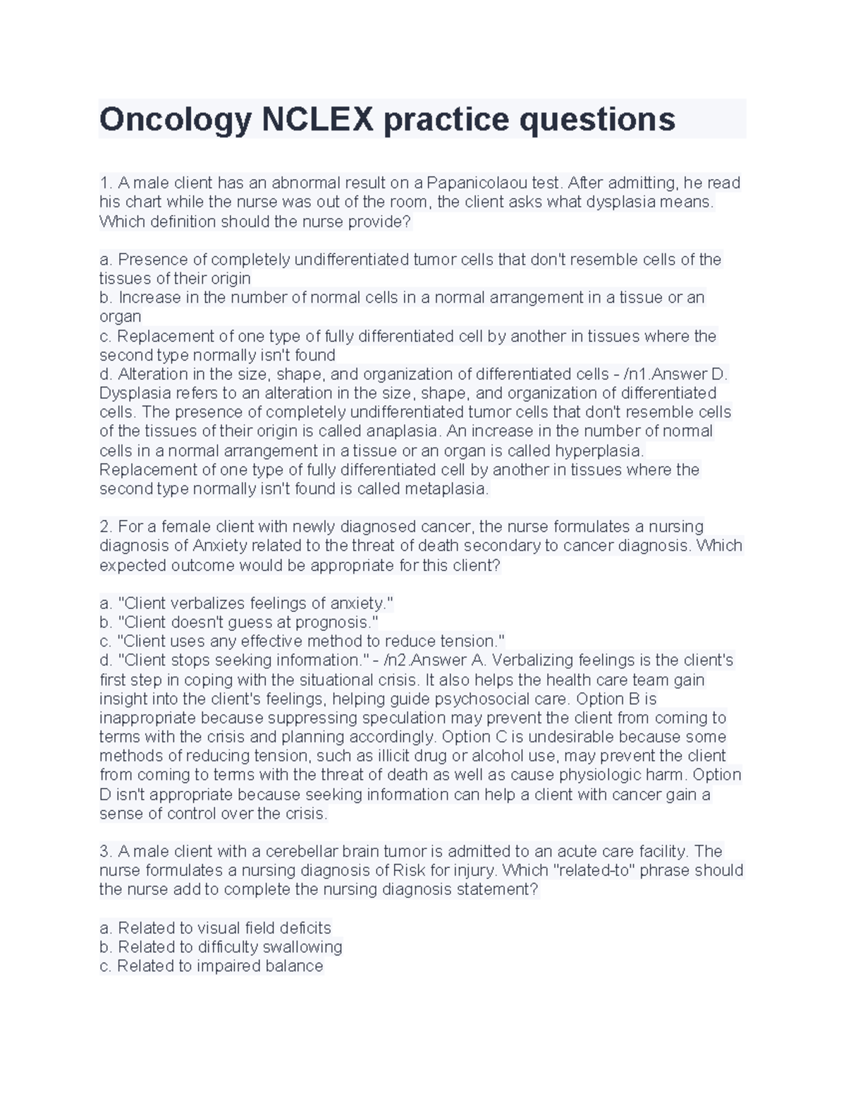 Oncology NCLEX Practice Questions & Answers 2024 - Studocu