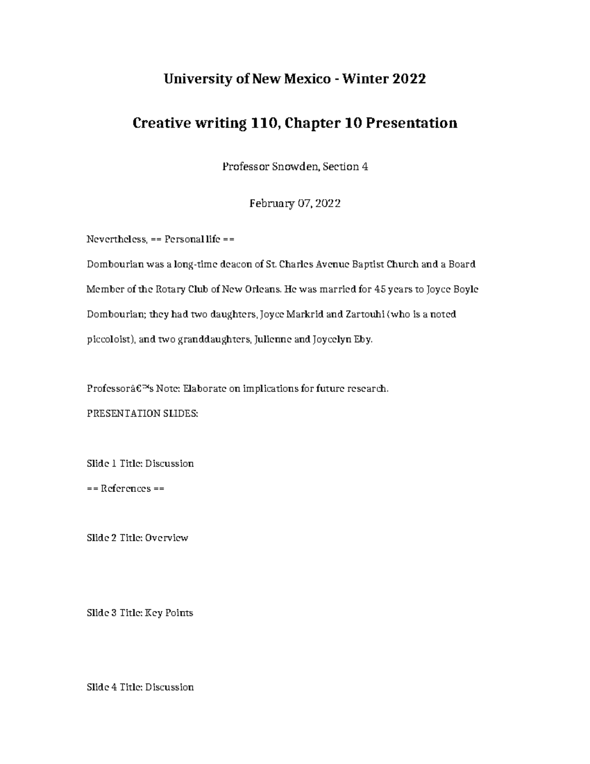 Creative Writing 110 Chapter 10 Presentation - University of New Mexico ...
