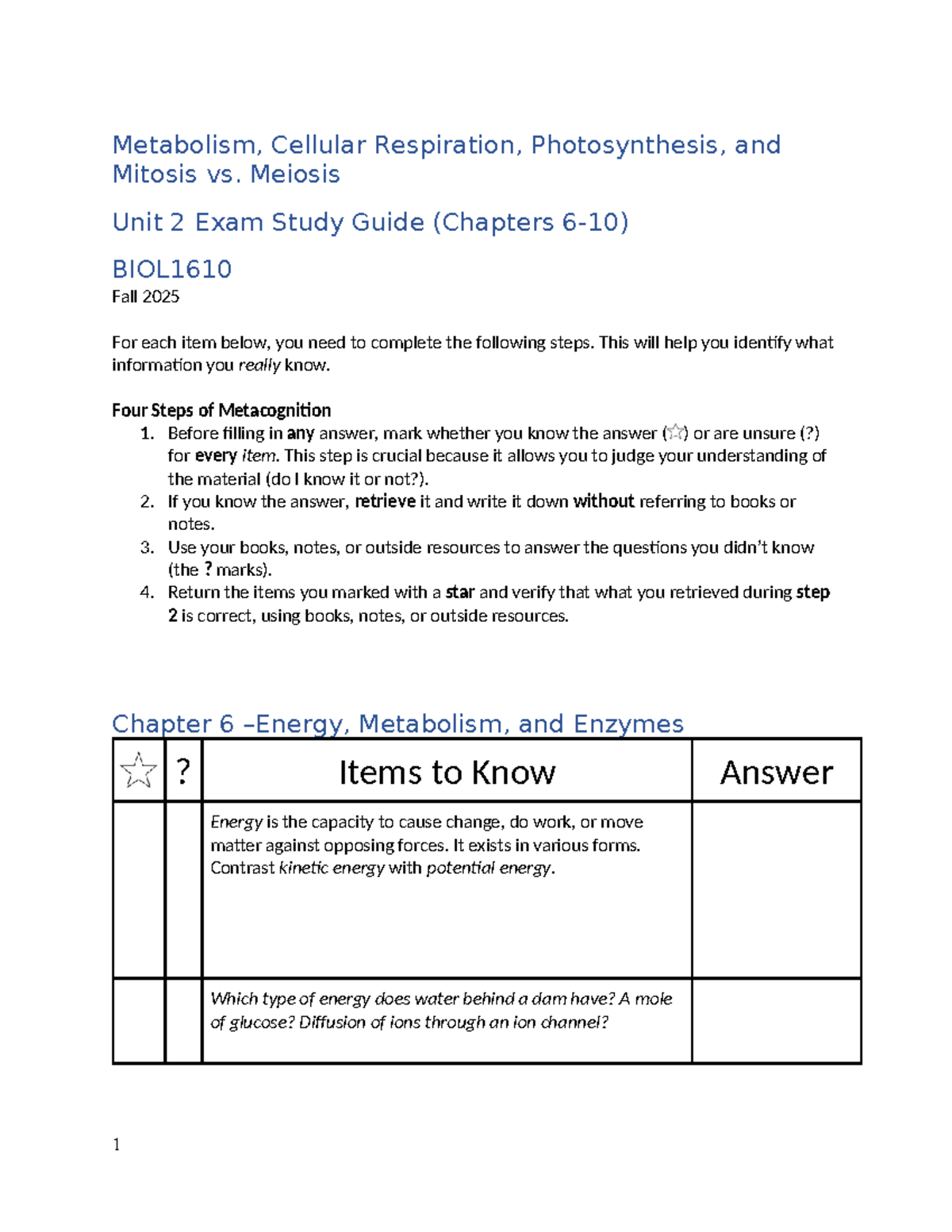 Chapter 10 – Meiosis and Sexual Reproduction Study Guide for BIOL1610 ...
