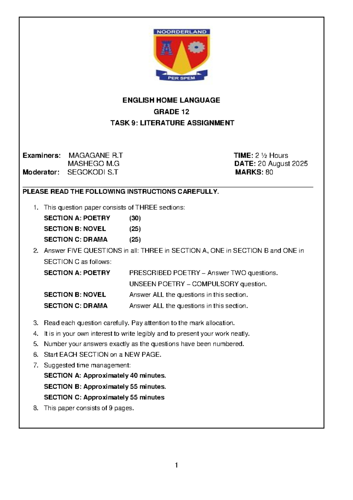 ENGLISH HOME LANGUAGE GRADE 12 TASK 9: LITERATURE ASSIGNMENT - Studocu